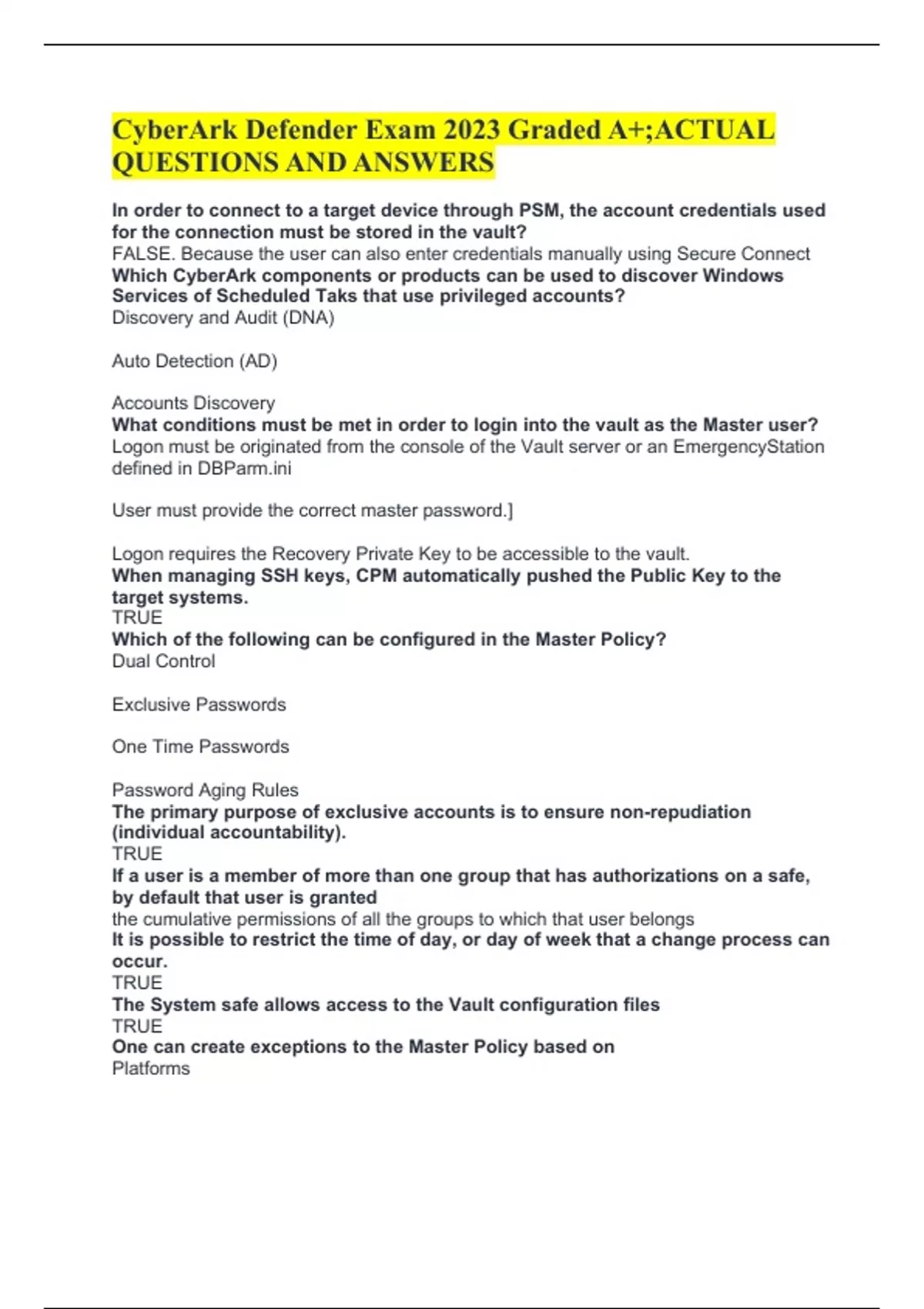 CyberArk Defender Exam 2023 Graded A+;ACTUAL QUESTIONS AND ANSWERS ...