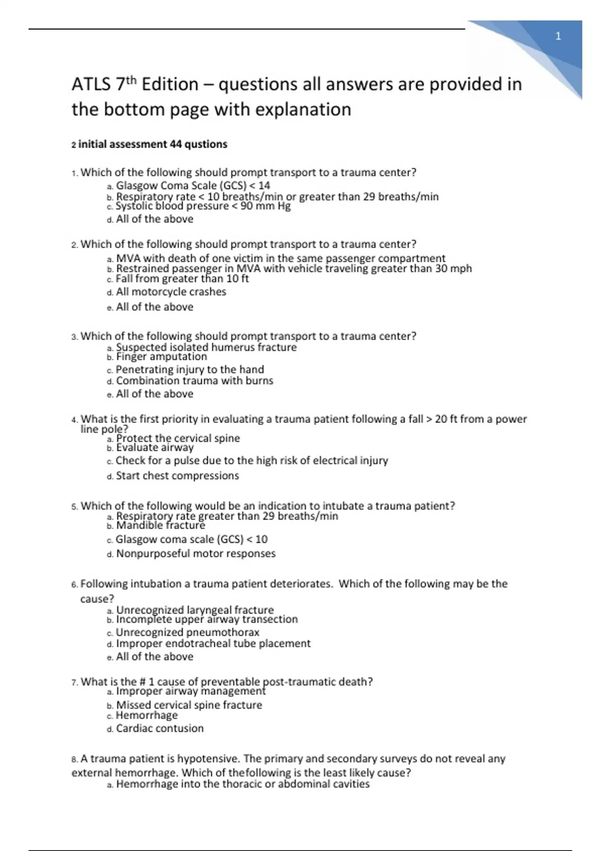 ATLS 7th Edition – questions all answers are provided in the bottom ...