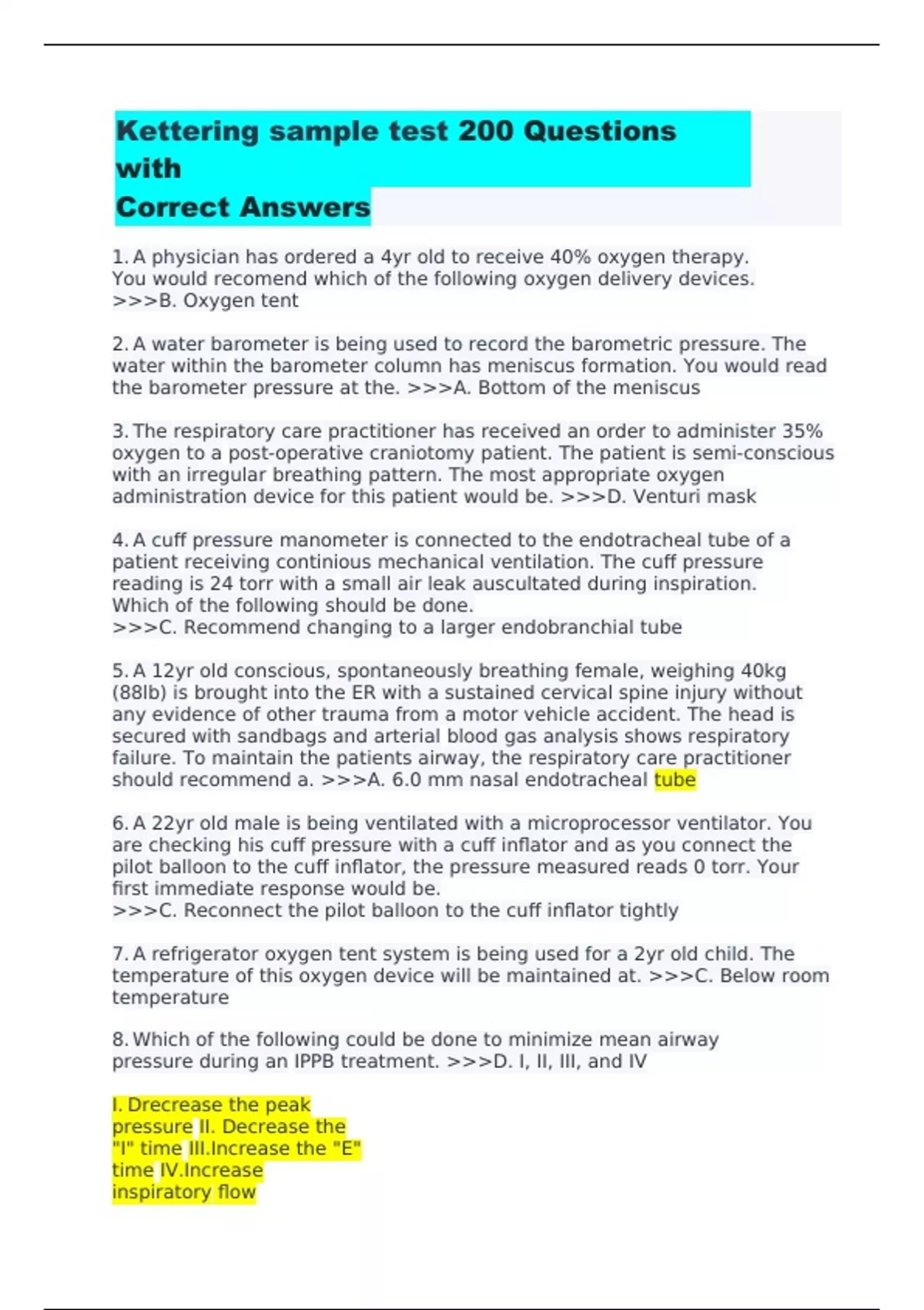 Kettering sample test 200 Questions with Correct Answers 2023 UPDATE ...