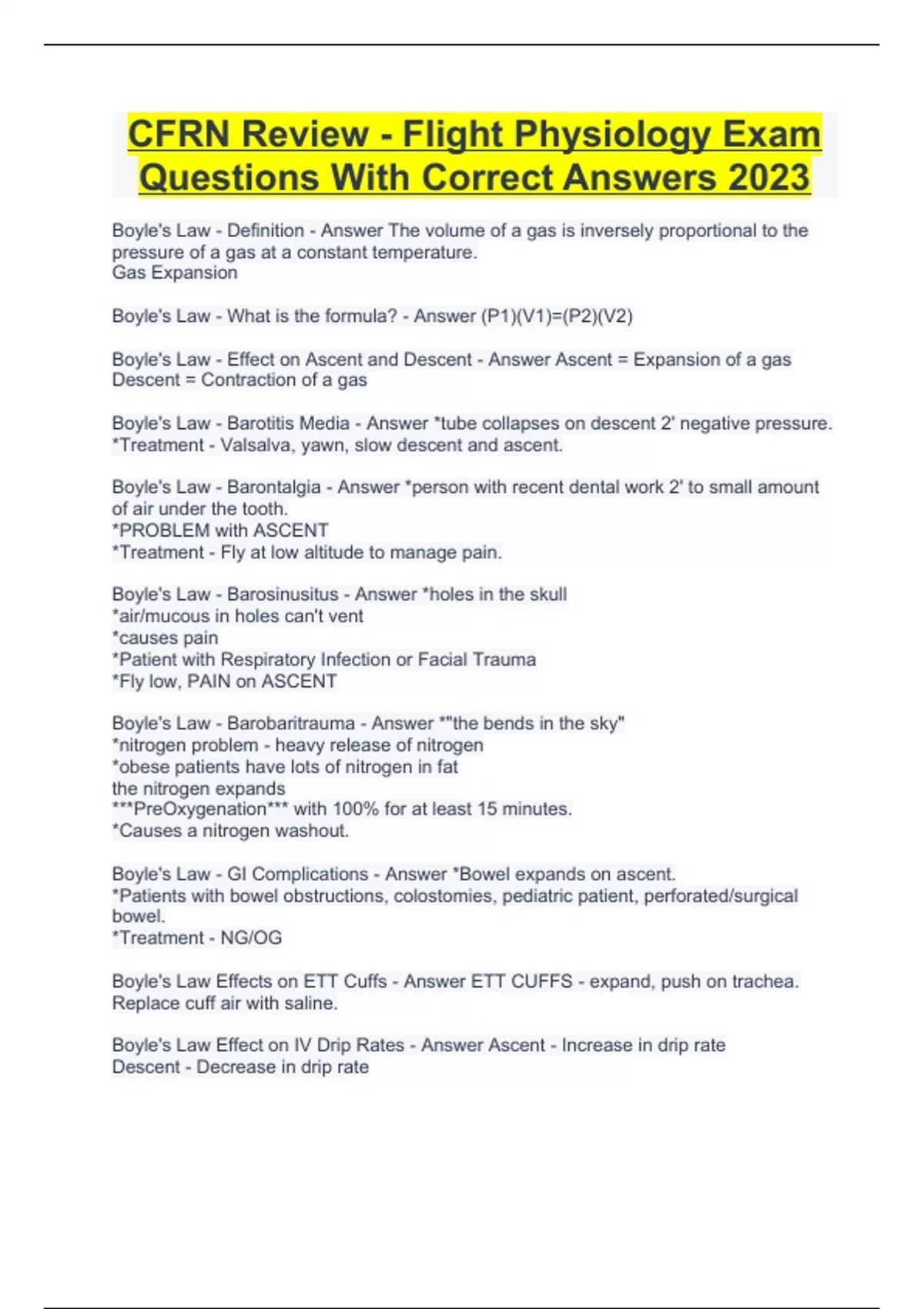 CFRN Review - Flight Physiology Exam Questions With Correct Answers 2023 - CFRN - Stuvia US