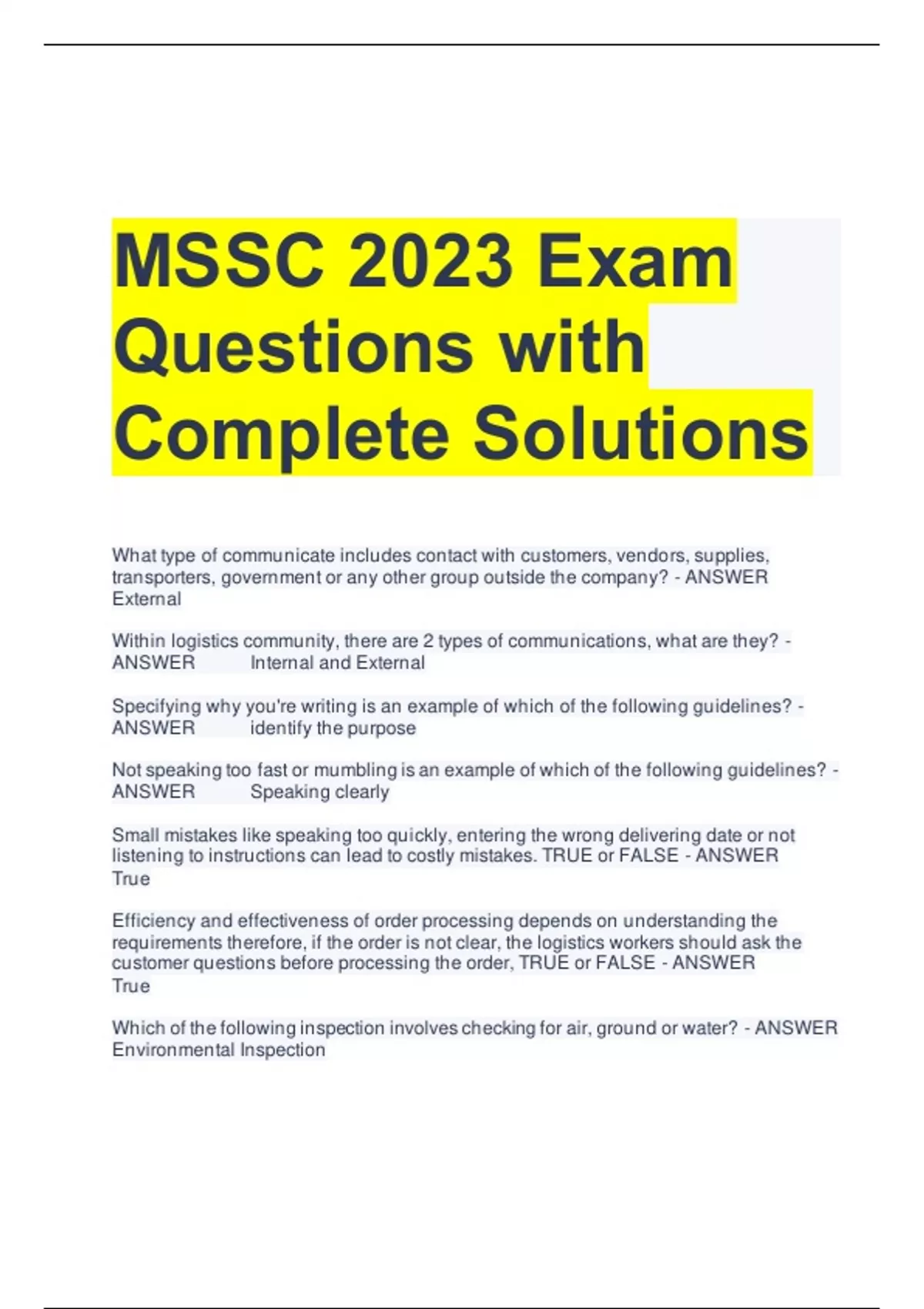 MSSC 2023 Exam Questions with Complete Solutions - MSSC - Stuvia US