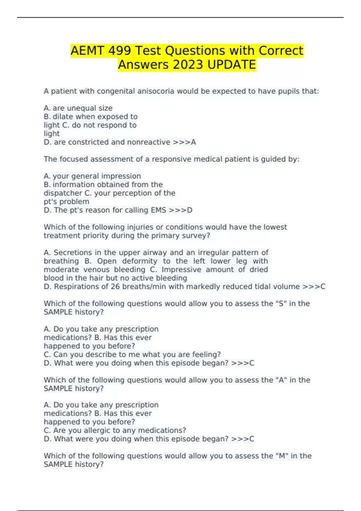 AEMT 499 Test Questions with Correct Answers 2023 UPDATE - AEMT 499 ...