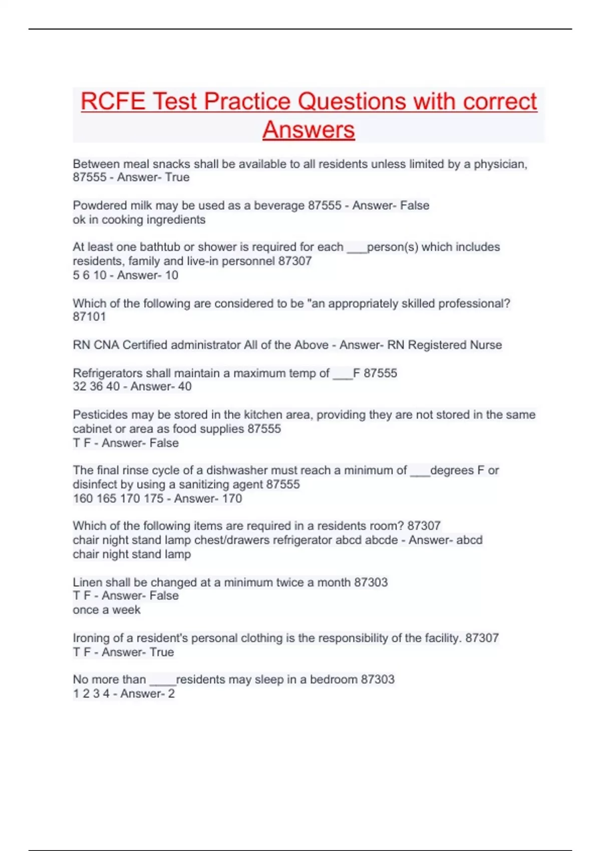 RCFE Test Practice Questions with correct Answers 2023 UPDATE - RCFE ...