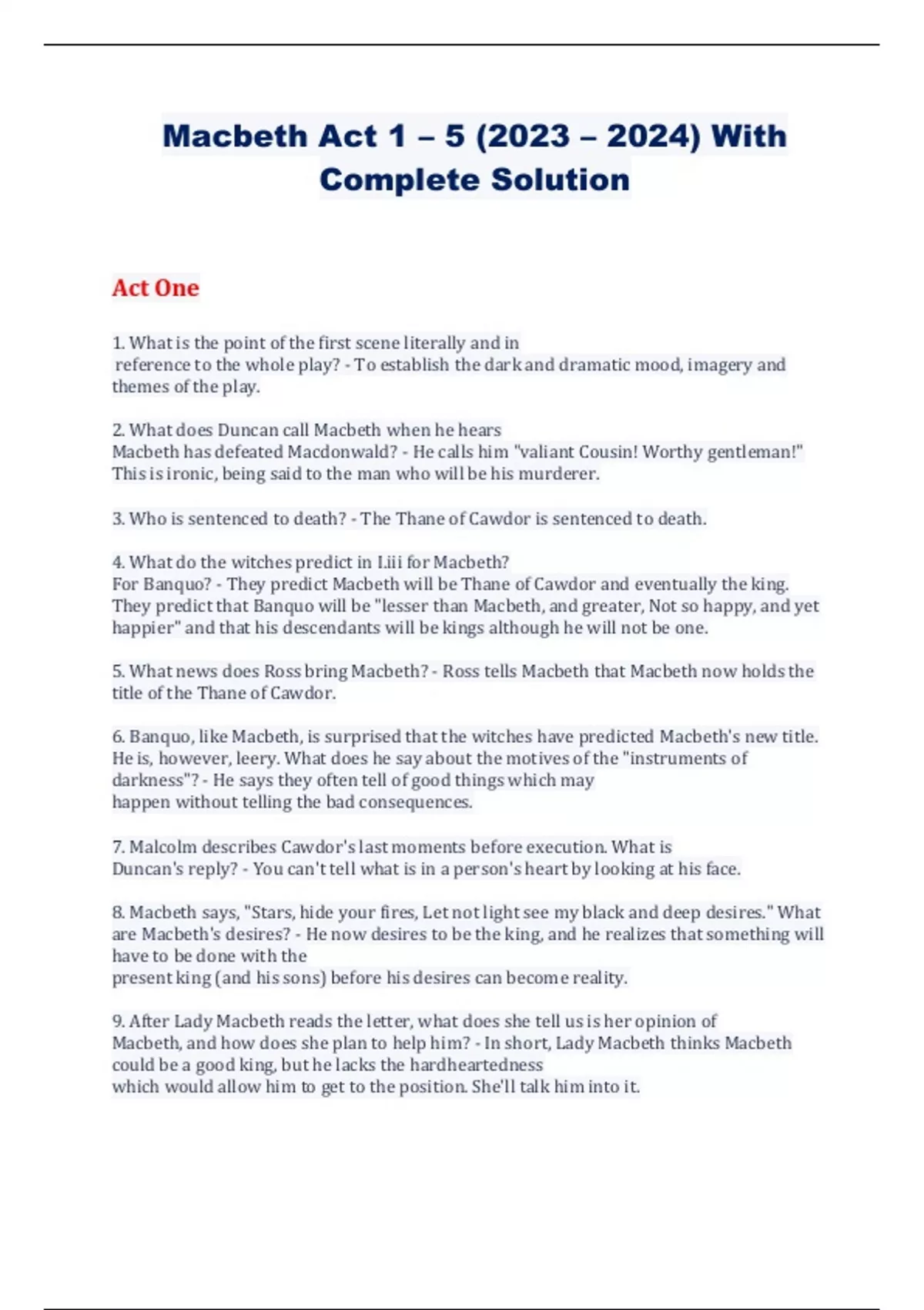 Macbeth Act 1 – 5 (2023 – 2024) With Complete Solution - Macbeth - Stuvia US