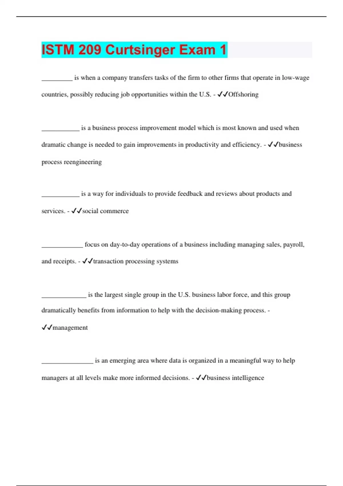 ISTM 209 Curtsinger Exam 1 | 138 Questions with 100% Correct Answers ...