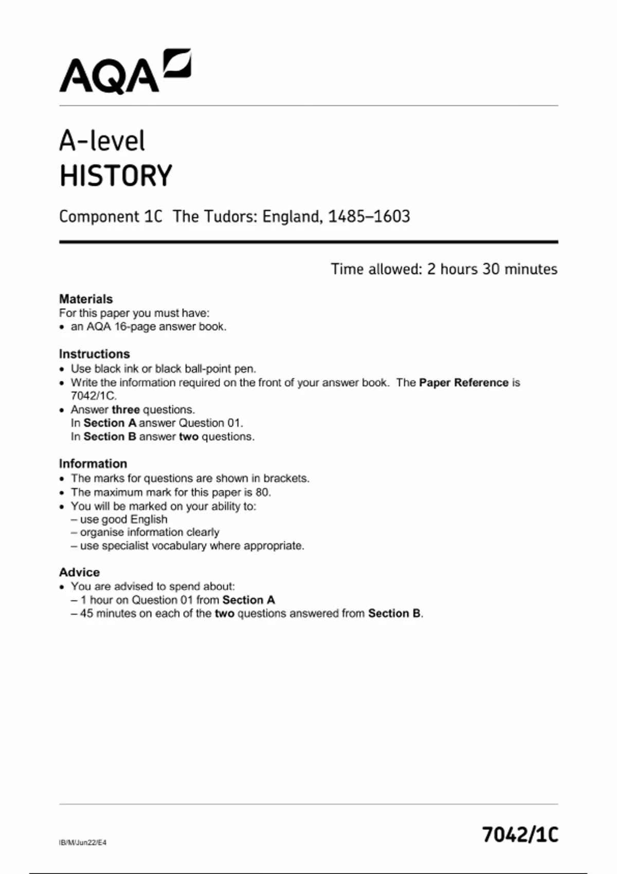 AQA A - LEVEL HISTORY Component 1C The Tudors- England (7042-1C ...
