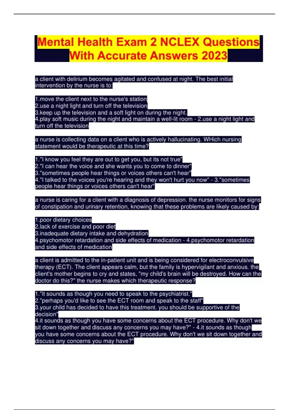 Mental Health Exam 2 NCLEX Questions With Accurate Answers 2023 ...