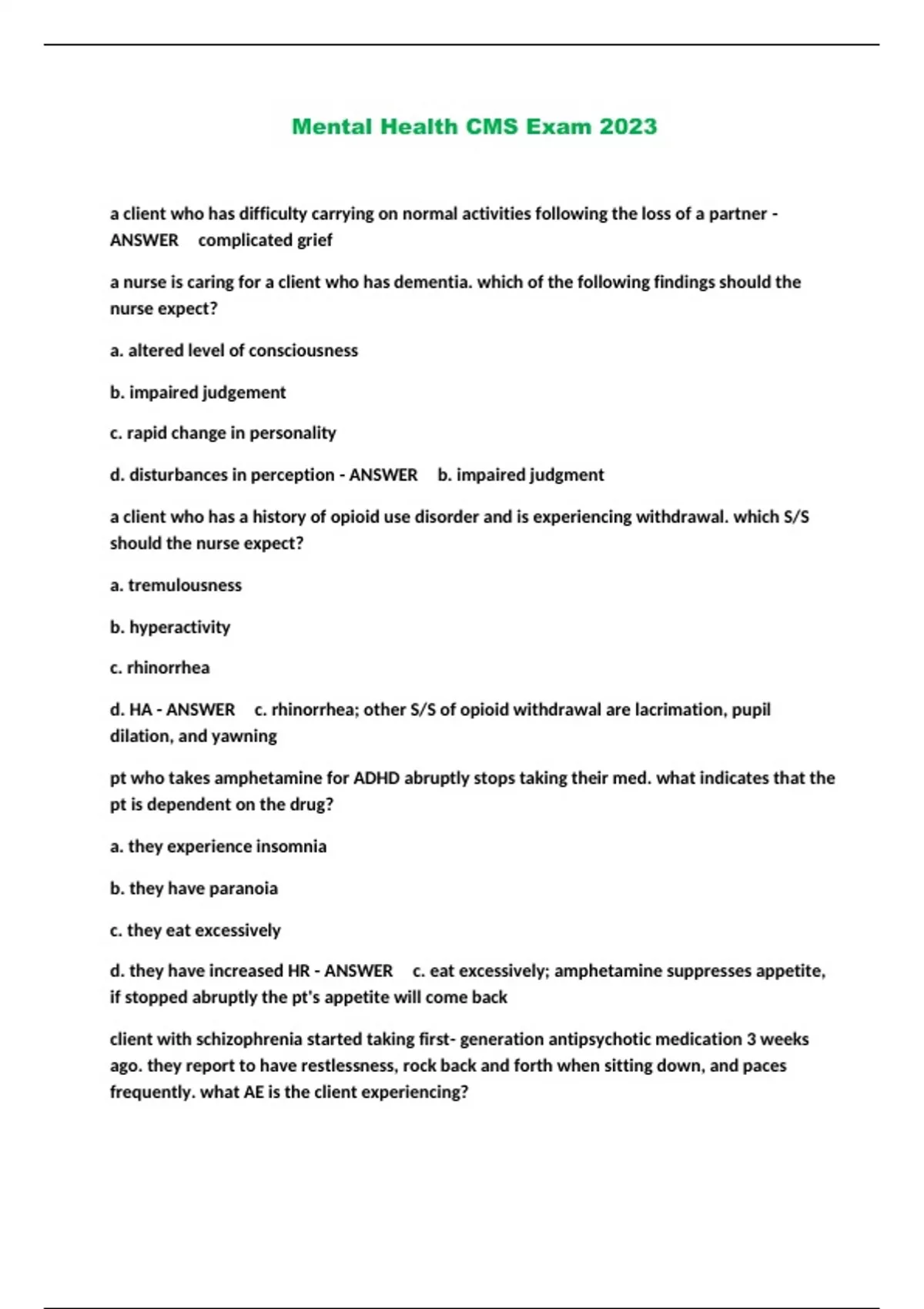 Mental Health CMS Exam 2023 - Mental Health CMS - Stuvia US