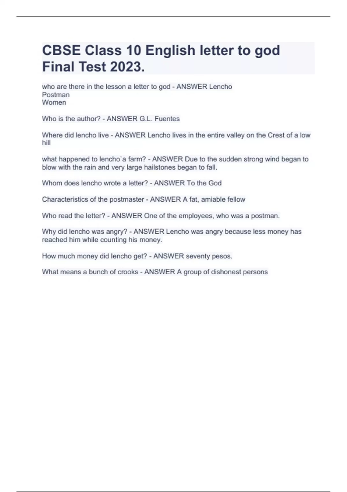 CBSE Class 10 English letter to god Final Test 2023. - CBSE - Stuvia US