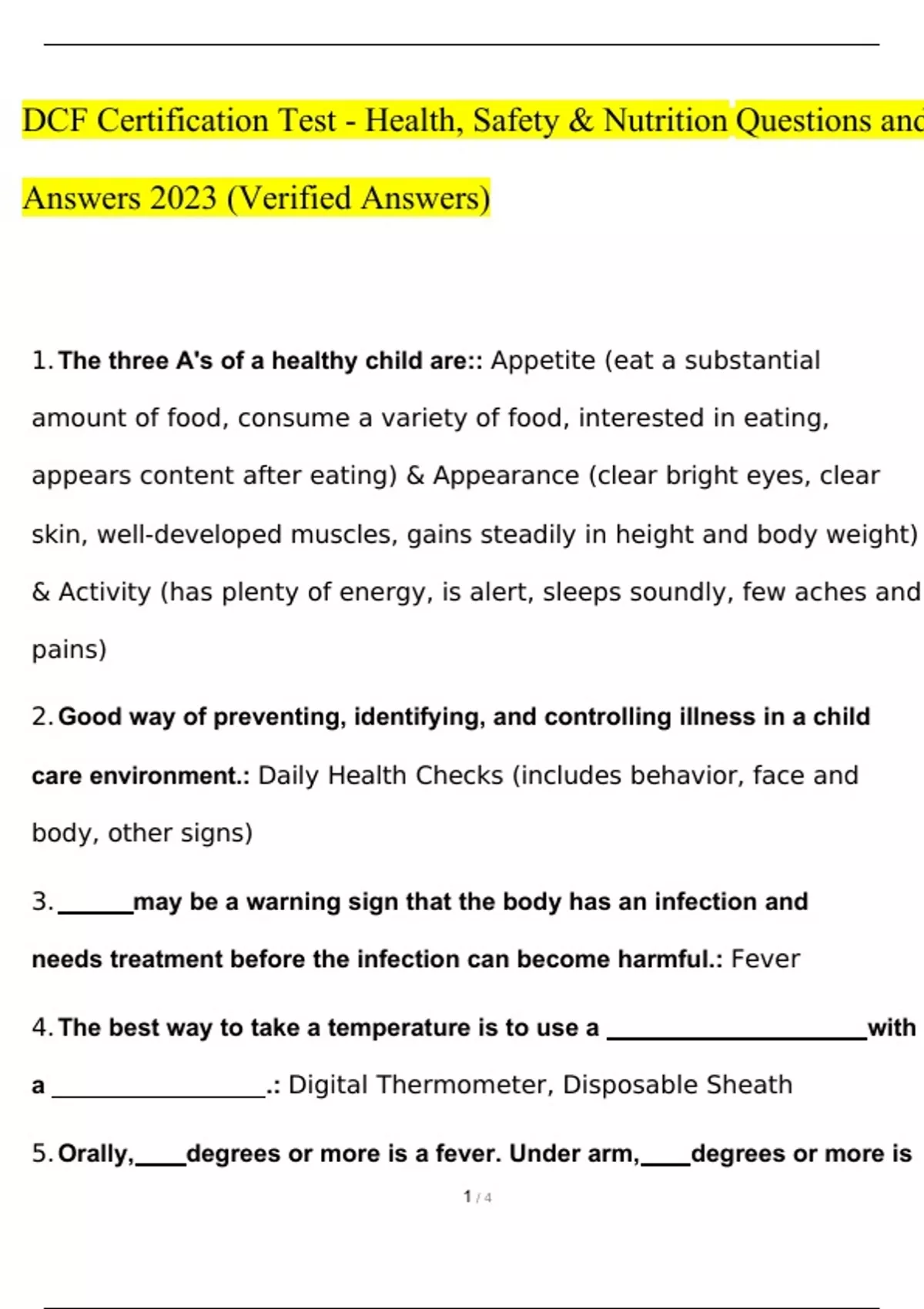 DCF Certification Test - Health, Safety & Nutrition Questions and ...