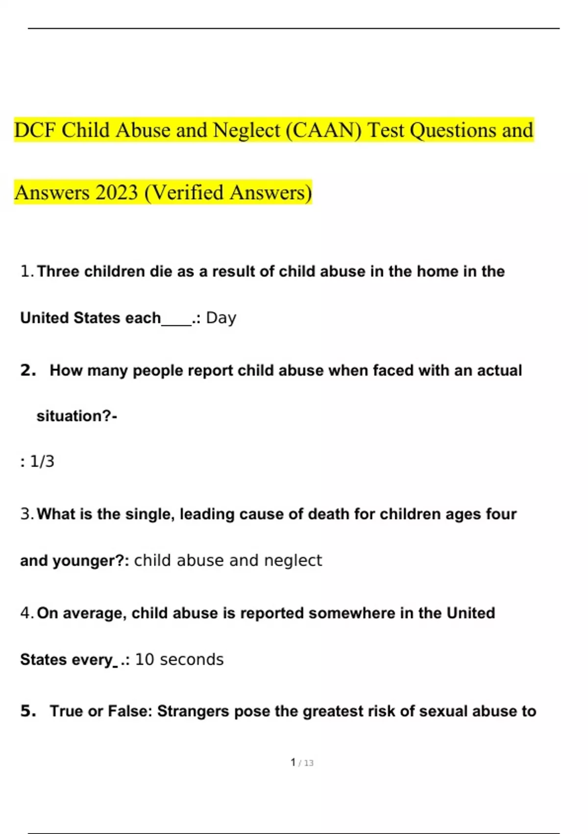 DCF Child Abuse and Neglect (CAAN) Test Questions and Answers 2023 ...