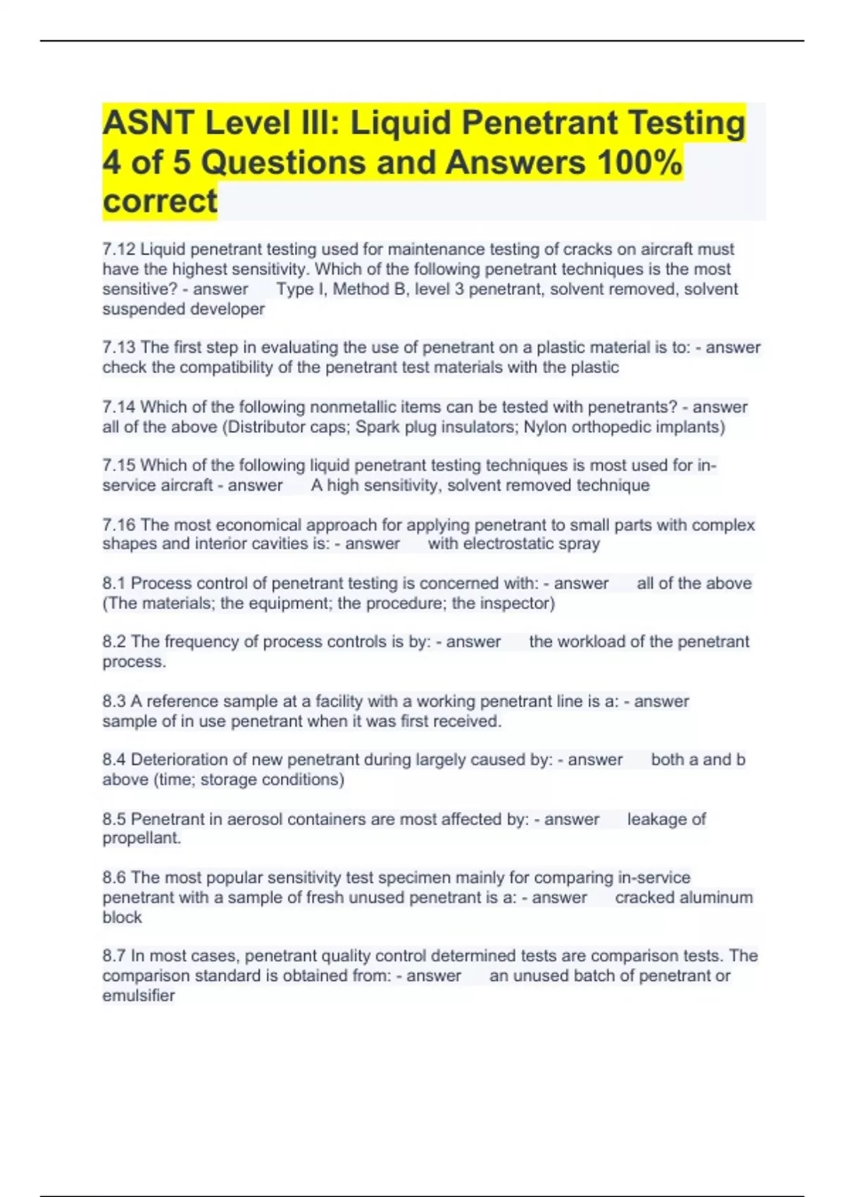 ASNT Level III: Liquid Penetrant Testing 4 of 5 Questions and Answers ...