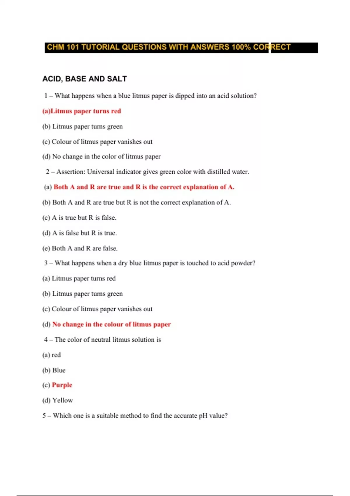 CHM 101 TUTORIAL QUESTIONS WITH ANSWERS 100% CORRECT. - CHM 101 - Stuvia US