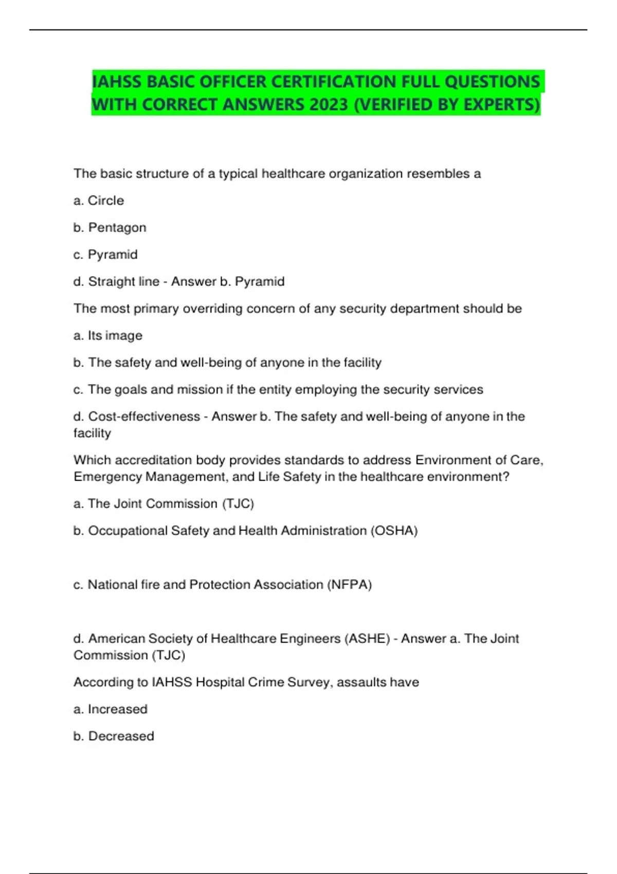 IAHSS BASIC OFFICER CERTIFICATION FULL QUESTIONS WITH CORRECT ANSWERS ...