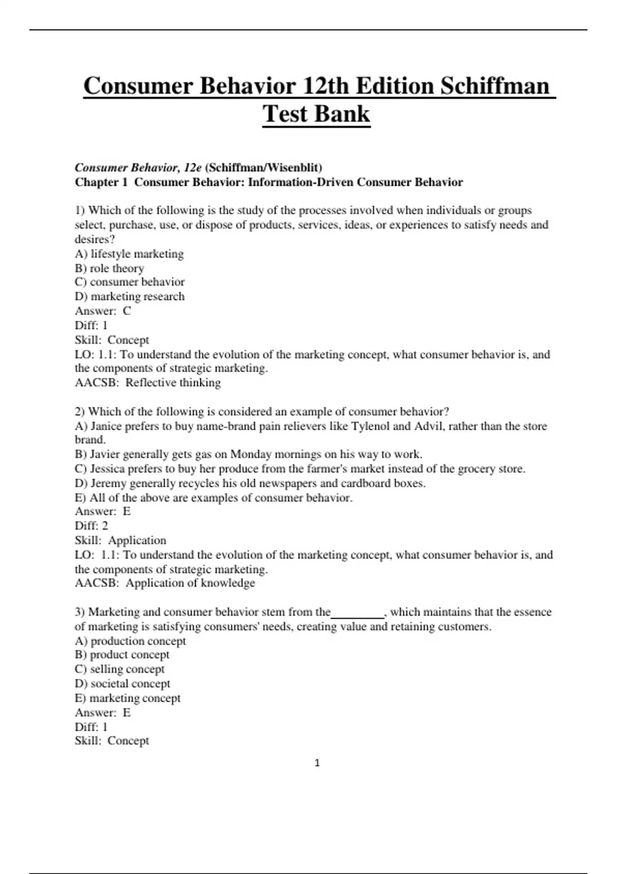 Test Bank for Consumer Behavior 12th Edition Schiffman / All Chapter 1 ...