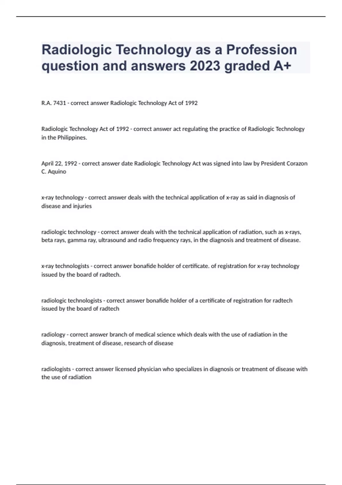 Radiologic Technology as a Profession question and answers 2023 graded ...