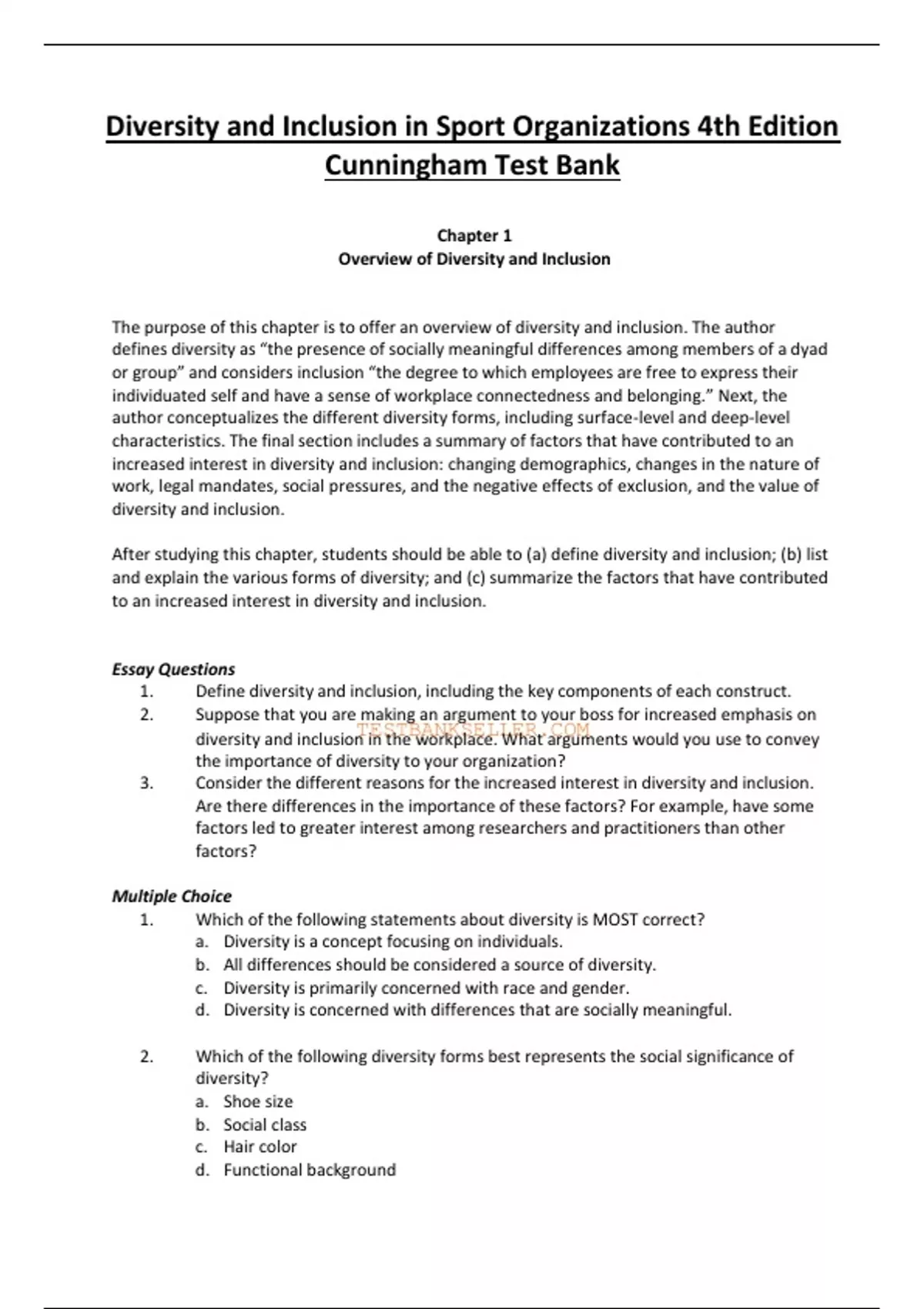 Test Bank for Diversity and Inclusion in Sport Organizations 4th ...
