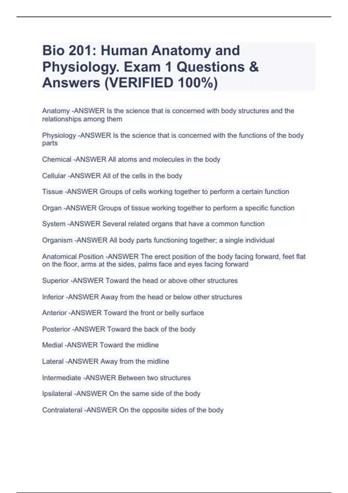 Bio 201: Human Anatomy and Physiology. Exam 1 Questions & Answers ...