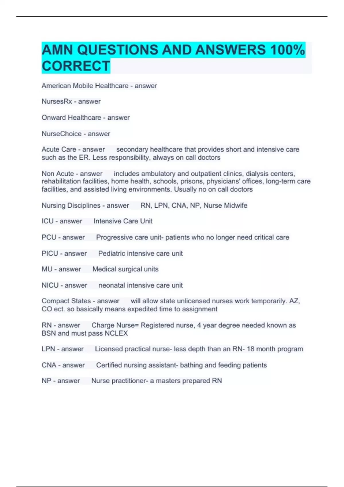 AMN QUESTIONS AND ANSWERS 100% CORRECT - Progressive care - Stuvia US