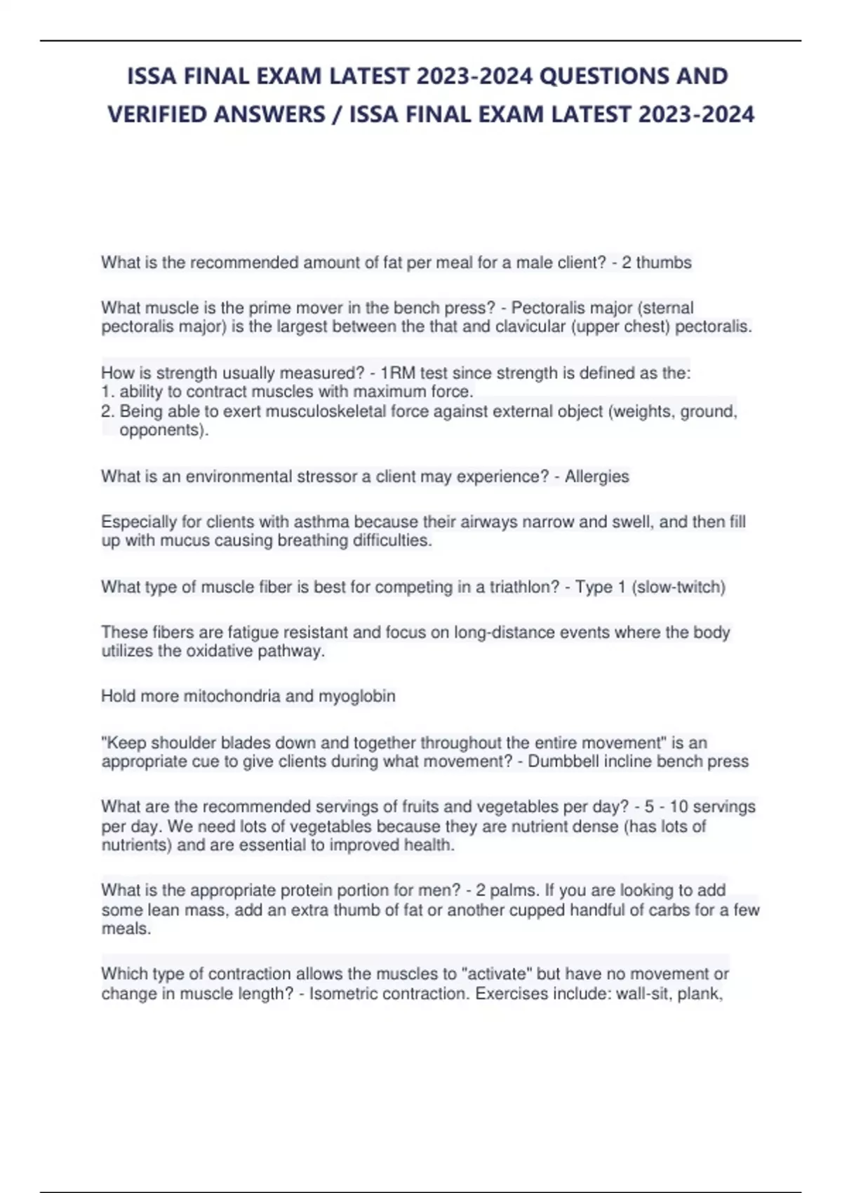 ISSA FINAL EXAM LATEST QUESTIONS AND VERIFIED ANSWERS. - ISSA - Stuvia US