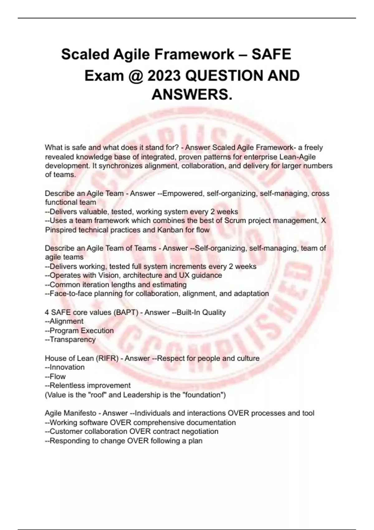 Scaled Agile Framework – SAFE Exam @ 2023 QUESTION AND ANSWERS. - Scaled Agile Framework – SAFE ...