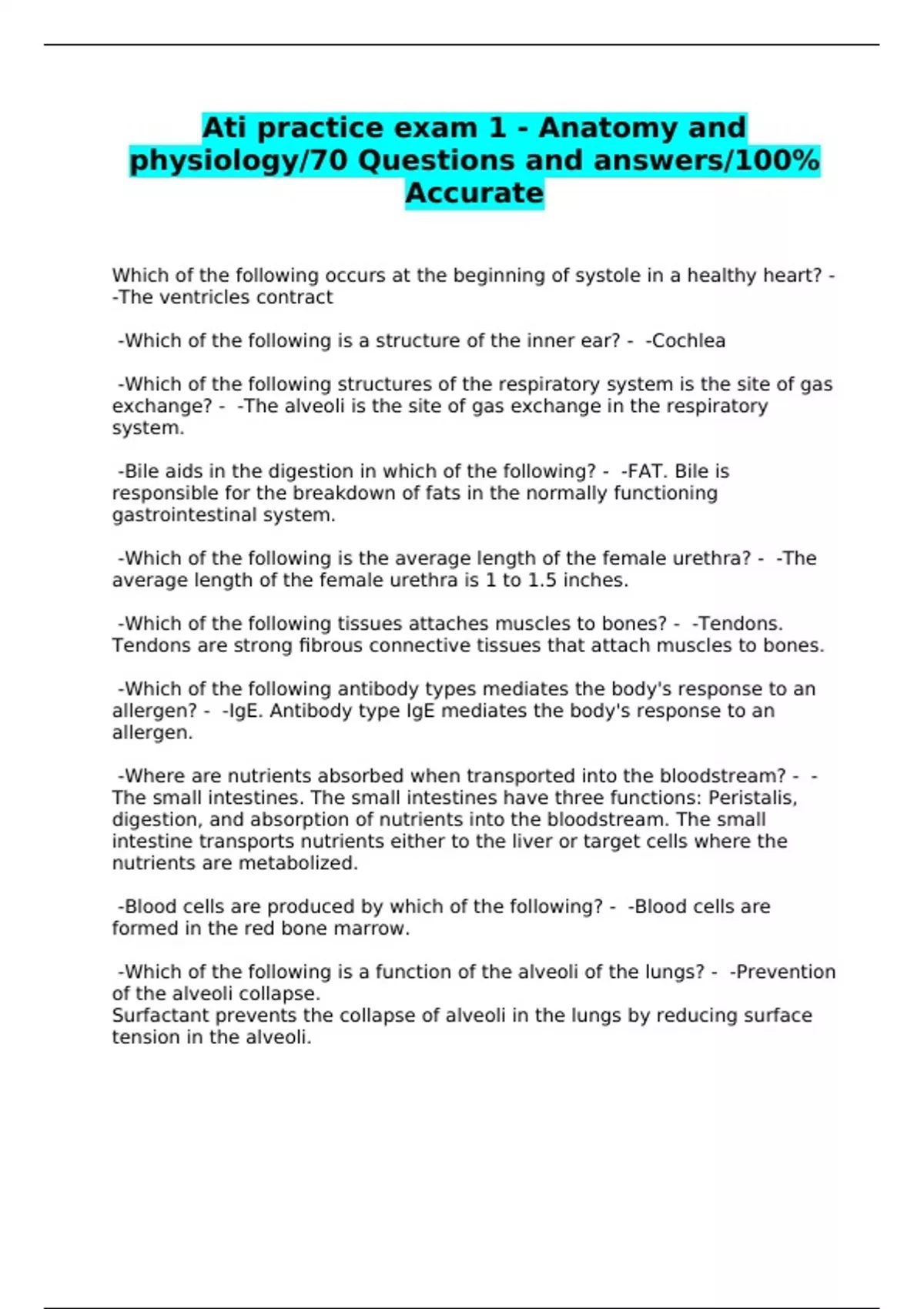 Ati practice exam 1 - Anatomy and physiology/70 Questions and answers ...