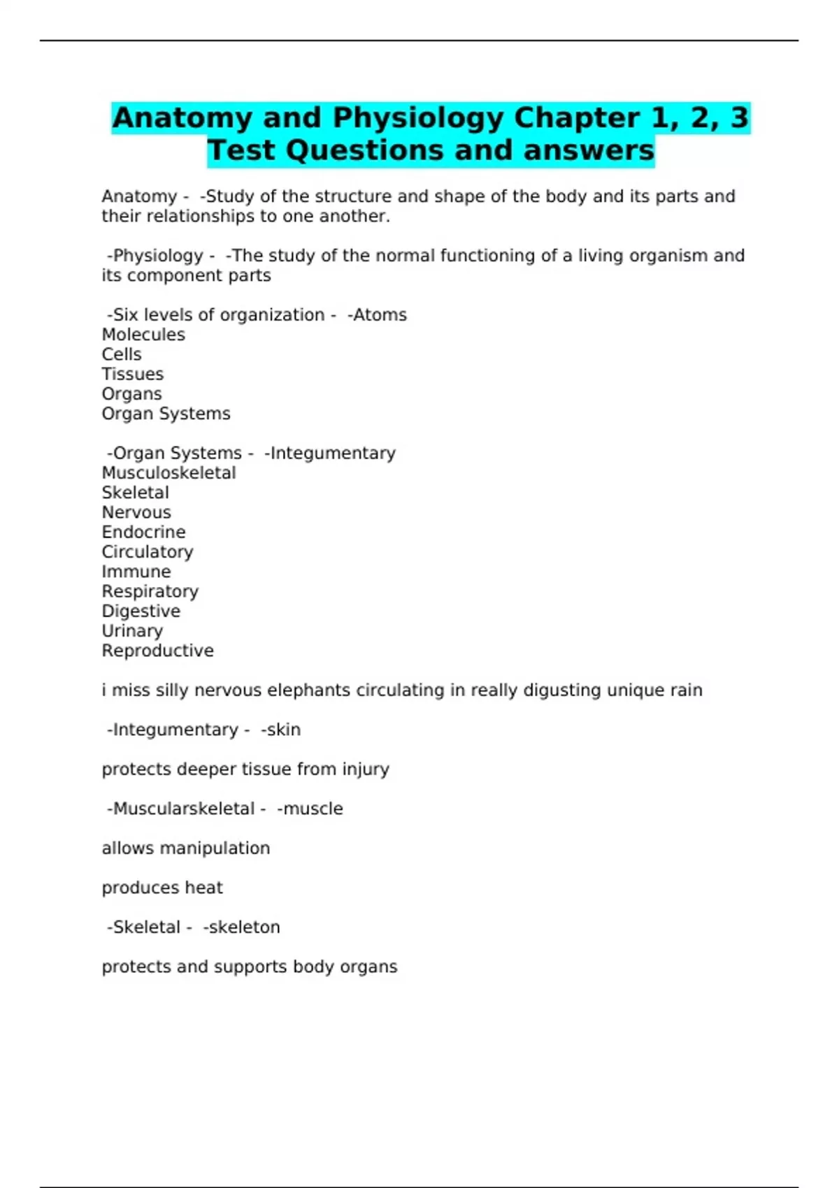 Anatomy and Physiology Chapter 1, 2, 3 Test Questions and answers ...