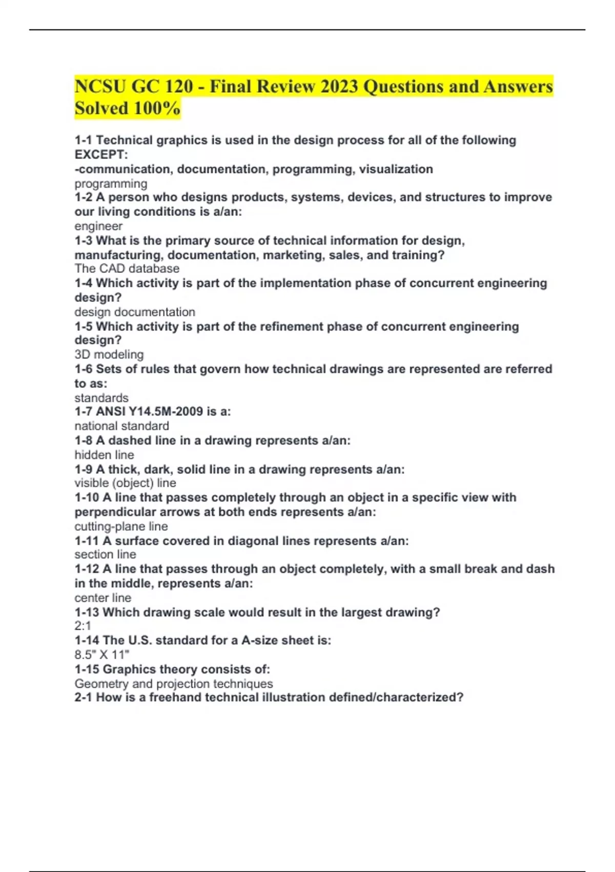 NCSU GC 120 - Final Review 2023 Questions and Answers Solved 100% ...