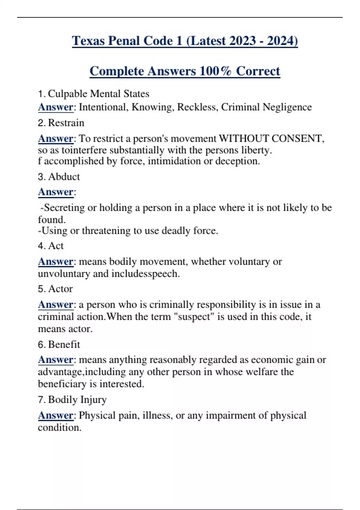 Texas Penal Code 1 Latest Complete Answers 100 Correct Texas Texas Penal Code 1 Latest Complete Answers 100 Correct Texas