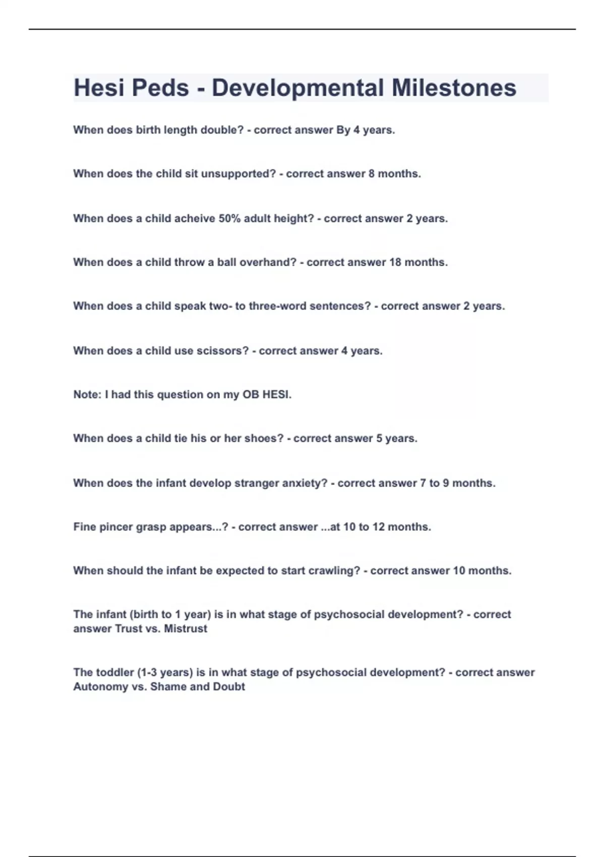 Hesi Peds - Developmental Milestones|2023 LATEST UPDATE|GUARANTEED ...