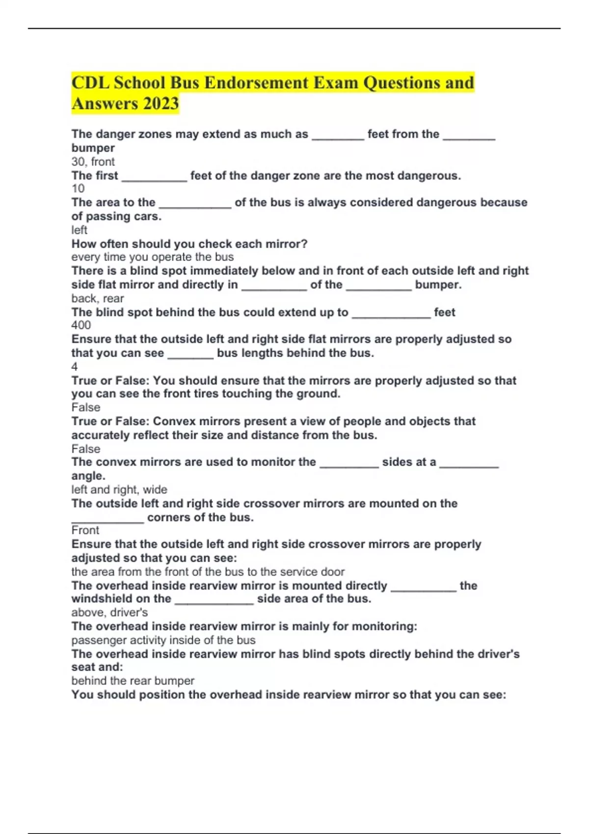 CDL School Bus Endorsement Exam Questions and Answers 2023 - School Bus - Stuvia US