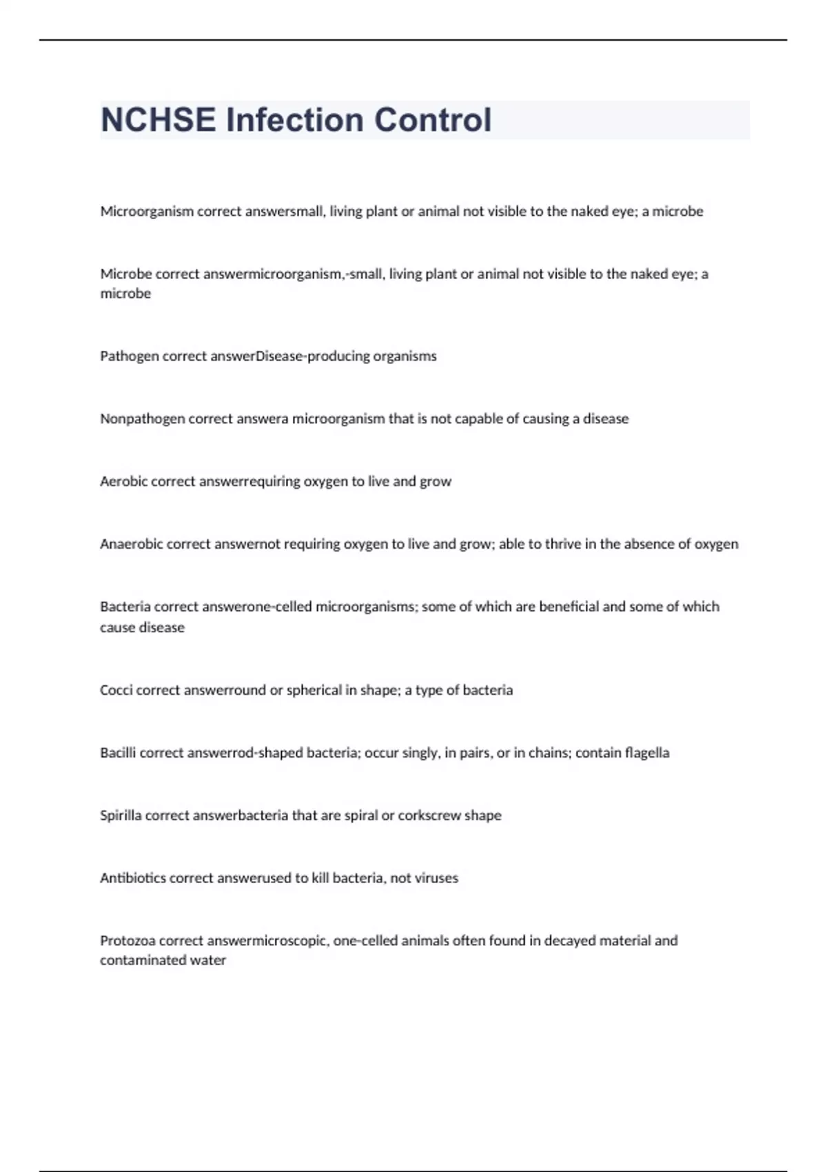 NCHSE Infection Control exam 2023 - NCHSE Infection - Stuvia US