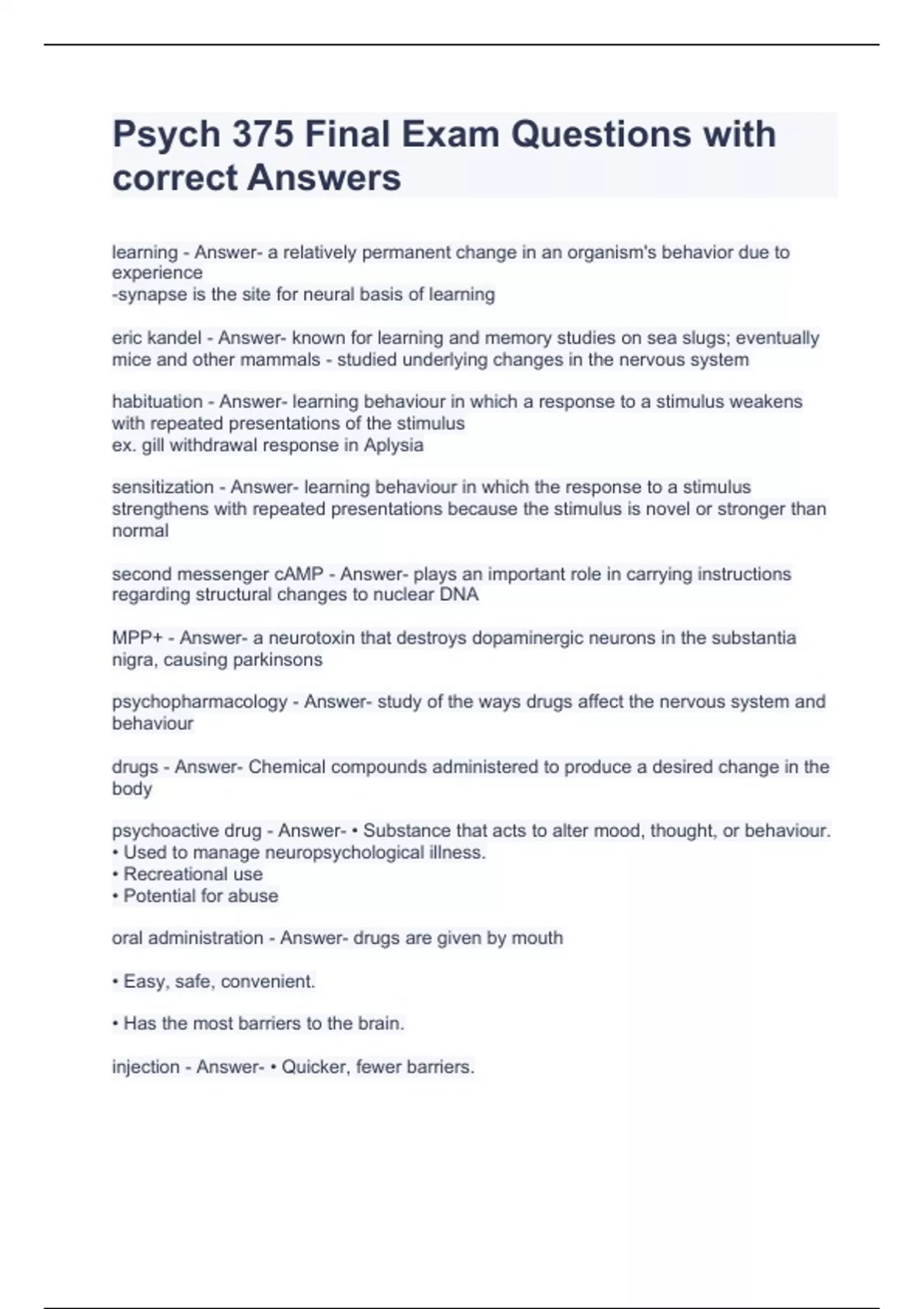 Psych 375 Final Exam Questions with correct Answers - Psych 375 - Stuvia US