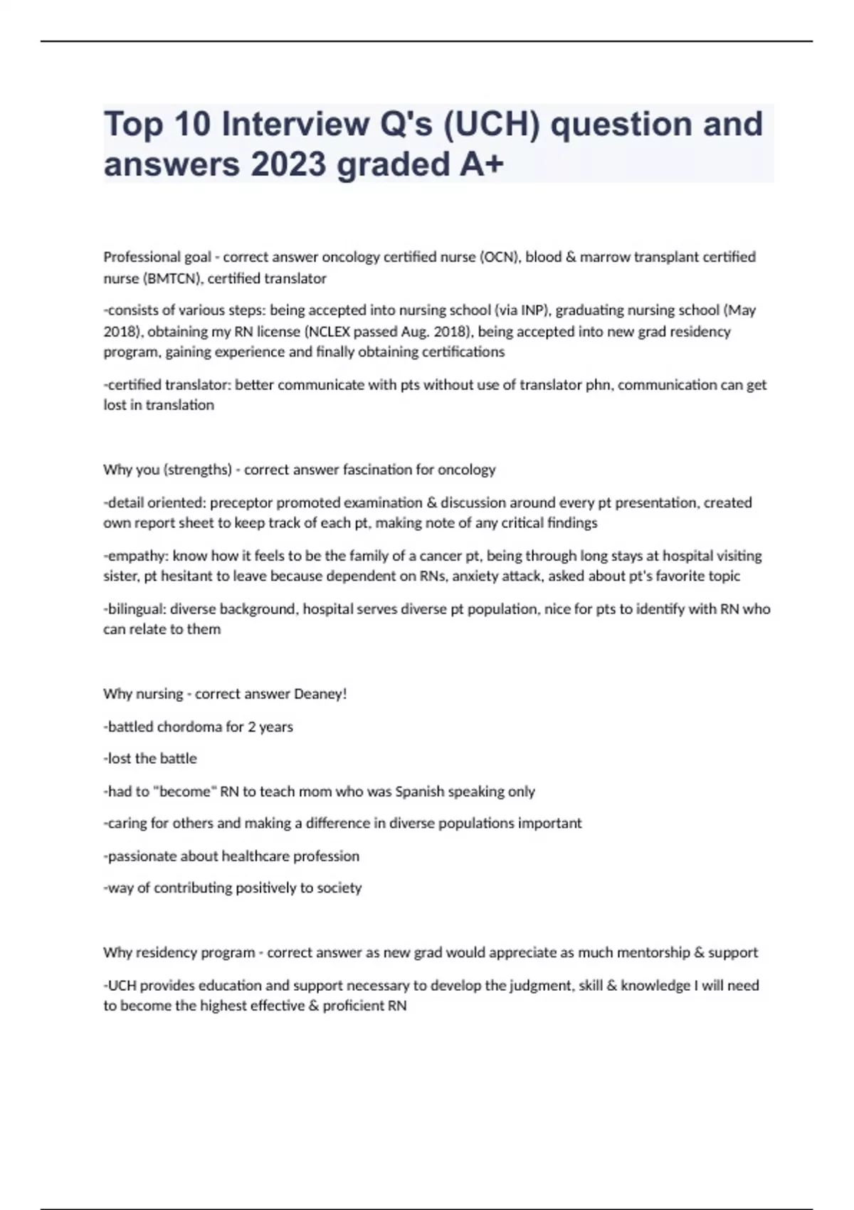 Top 10 Interview Q's (UCH) question and answers 2023 graded A+ - BMTCN ...