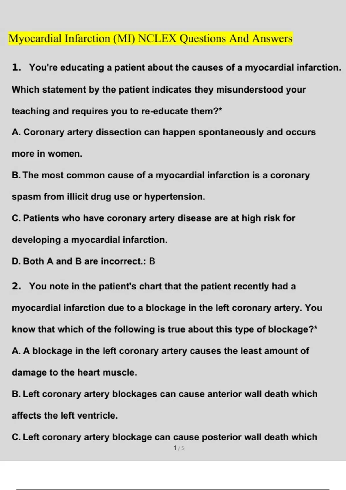 Myocardial Infarction (MI) NCLEX Questions 2023 - NURS 351 - Stuvia US
