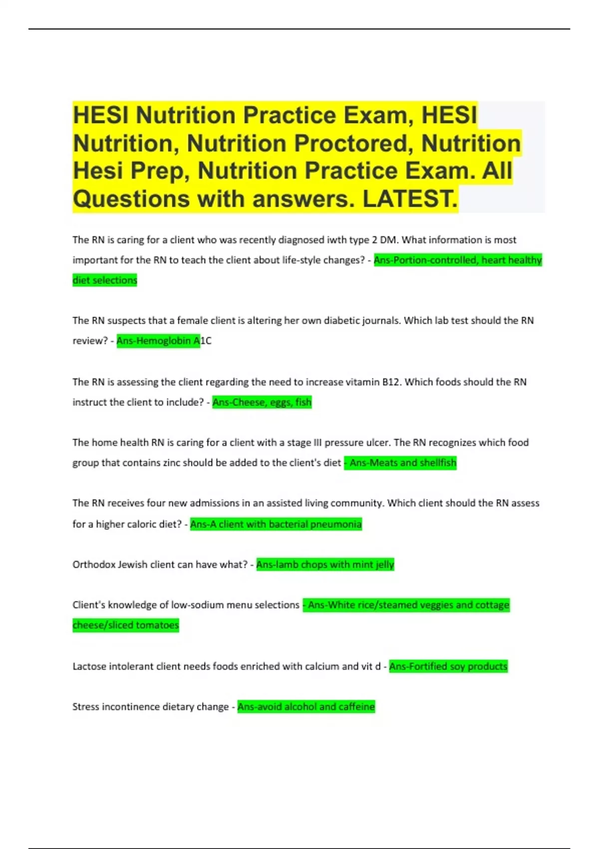 HESI Nutrition Practice Exam, HESI Nutrition, Nutrition Proctored ...