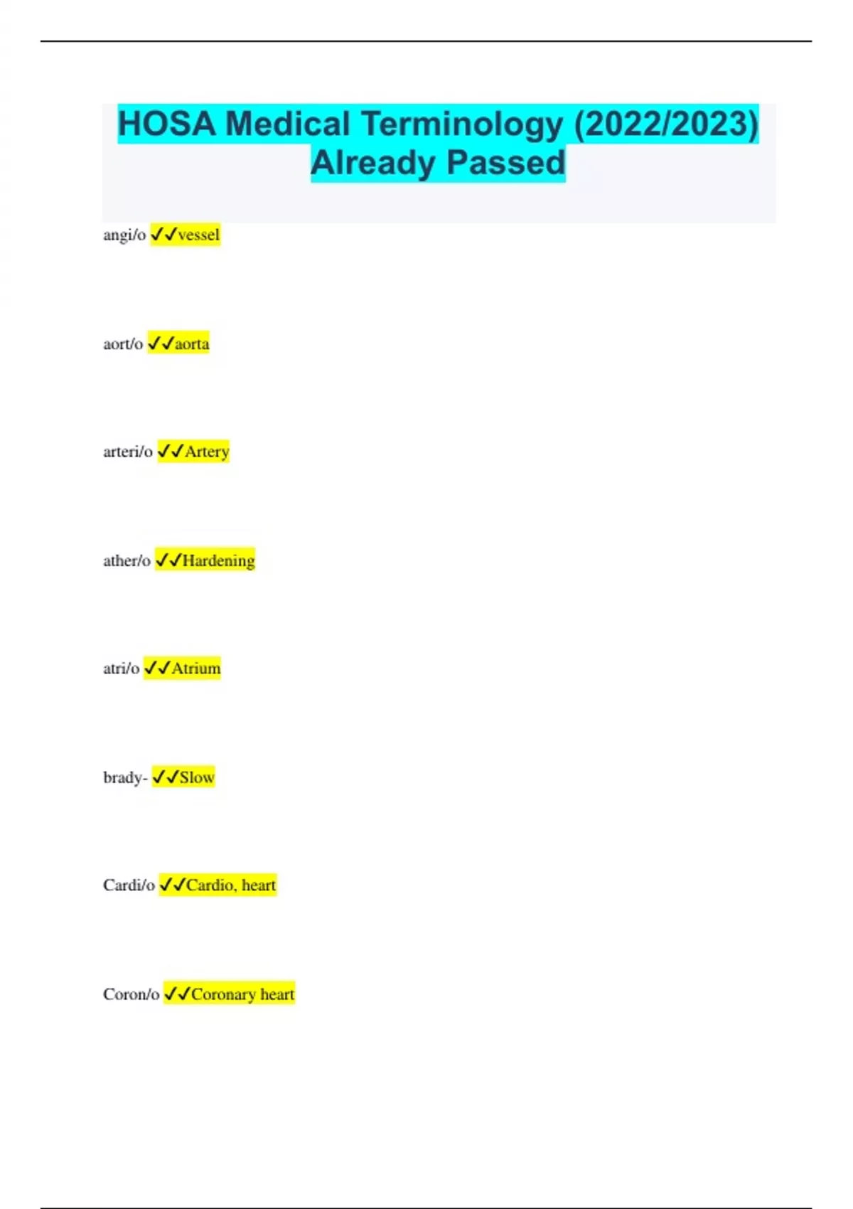 HOSA Medical Terminology (2022/2023) Already Passed - HOSA Medical Terminology - Stuvia US