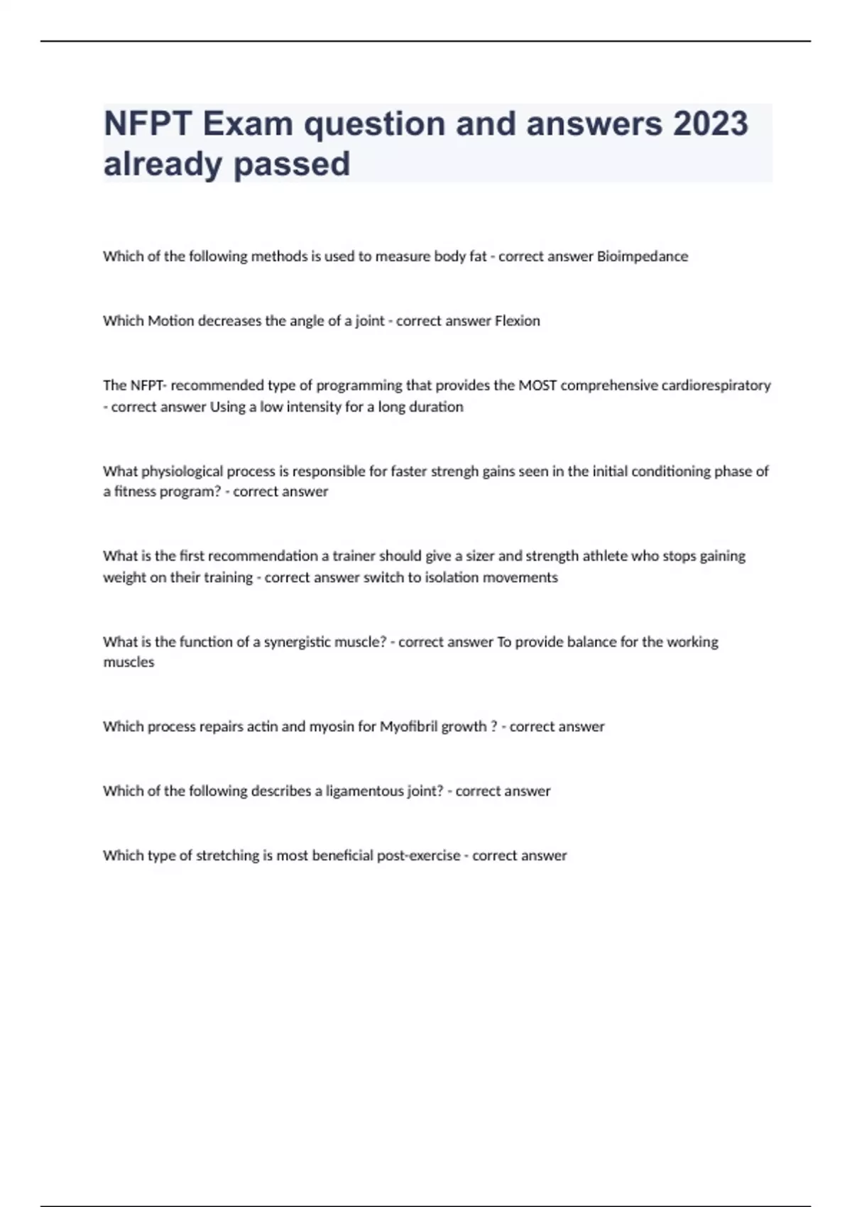 NFPT Exam question and answers 2023 already passed - Nfpt - Stuvia US