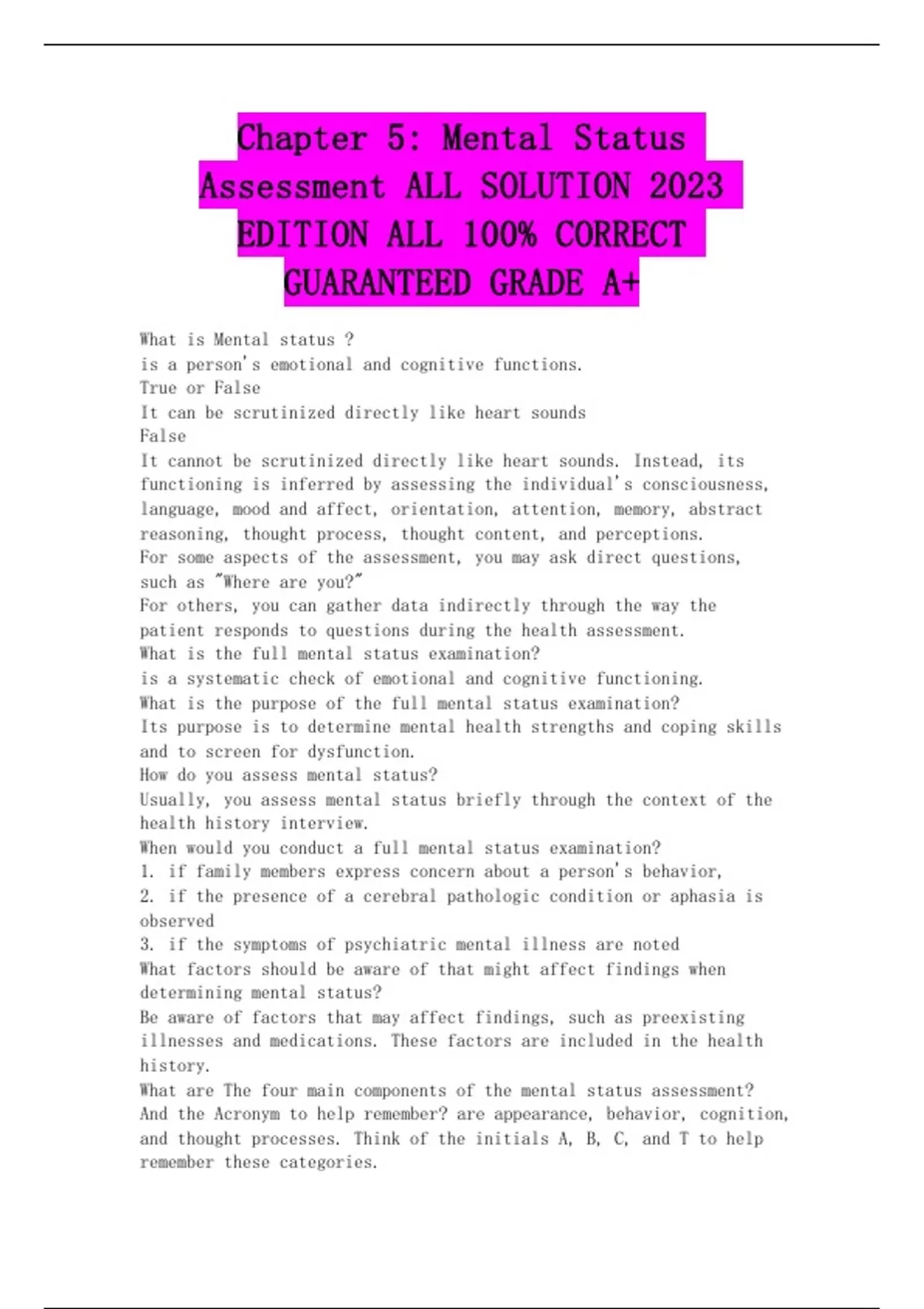 Chapter 5: Mental Status Assessment ALL SOLUTION 2023 EDITION ALL 100% CORRECT GUARANTEED GRADE ...