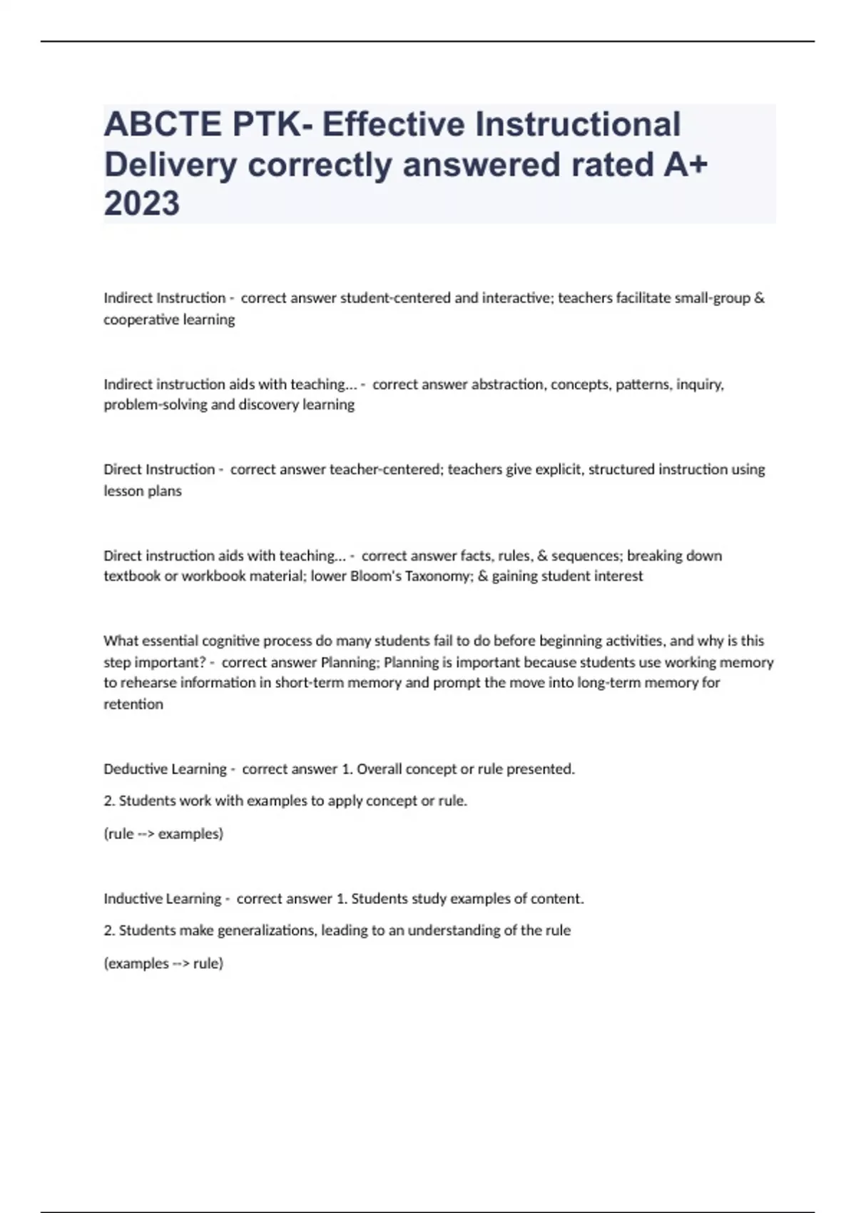 ABCTE PTK- Effective Instructional Delivery correctly answered rated A+ ...