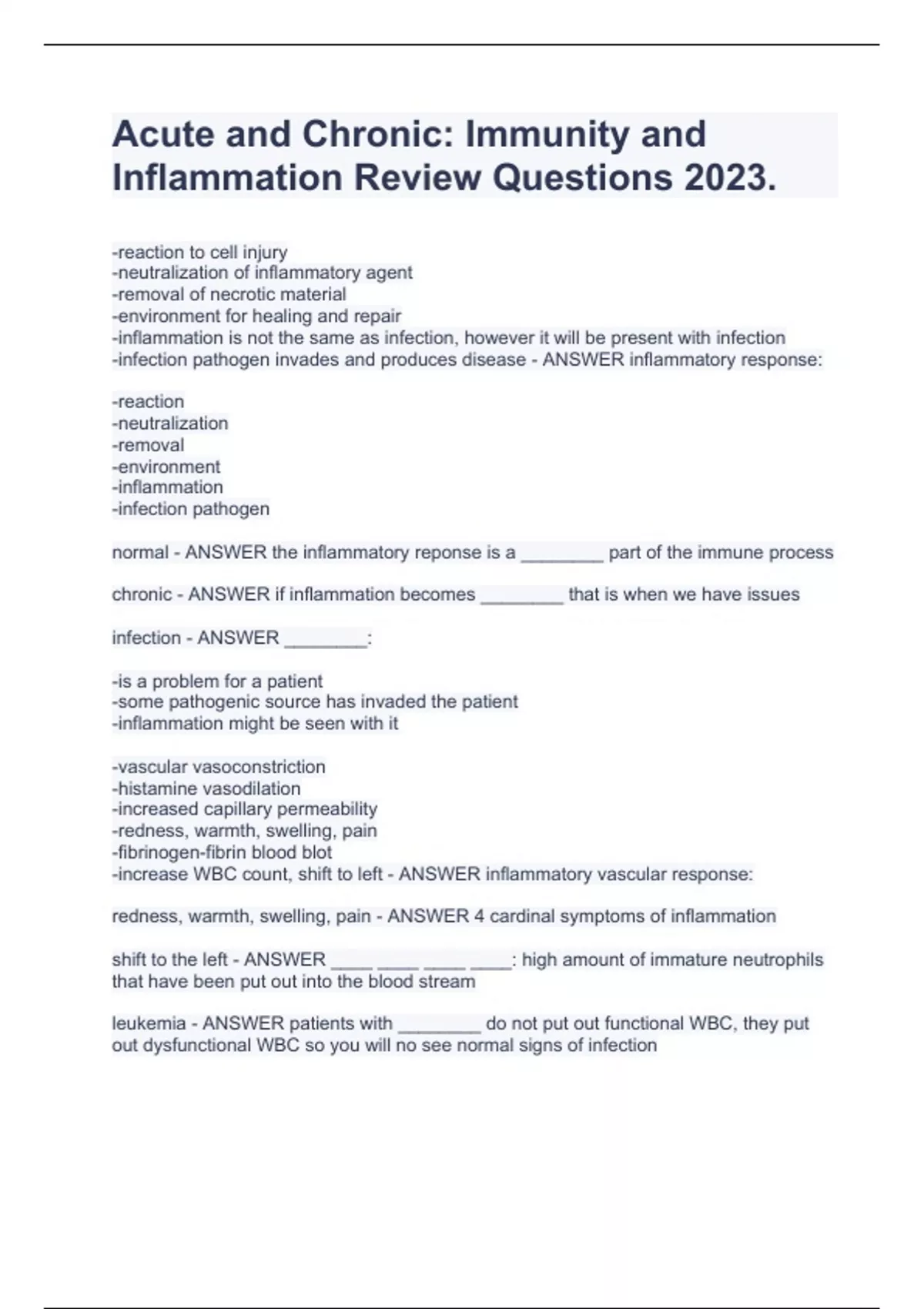 Acute and Chronic: Immunity and Inflammation Review Questions 2023. - I ...