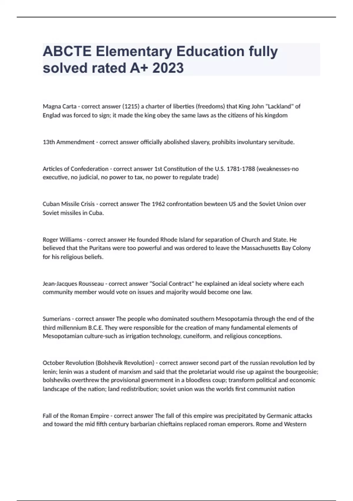 ABCTE Elementary Education fully solved rated A+ 2023 - ABCTE - Stuvia US