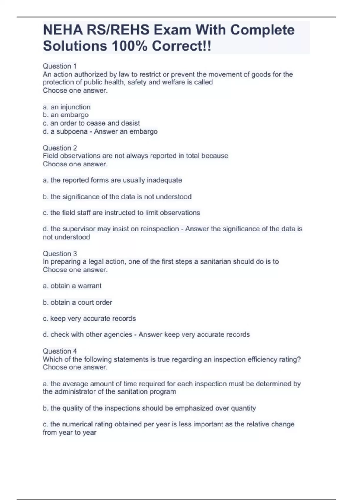 NEHA RS/REHS Exam With Complete Solutions 100% Correct!! - NEHA RS ...