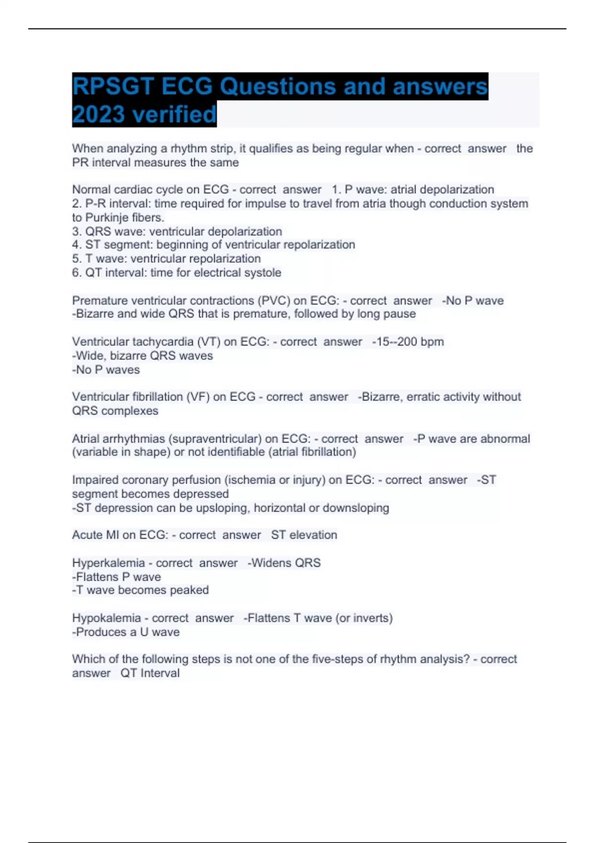 RPSGT ECG Questions and answers 2023 verified - RPSGT ECG - Stuvia US
