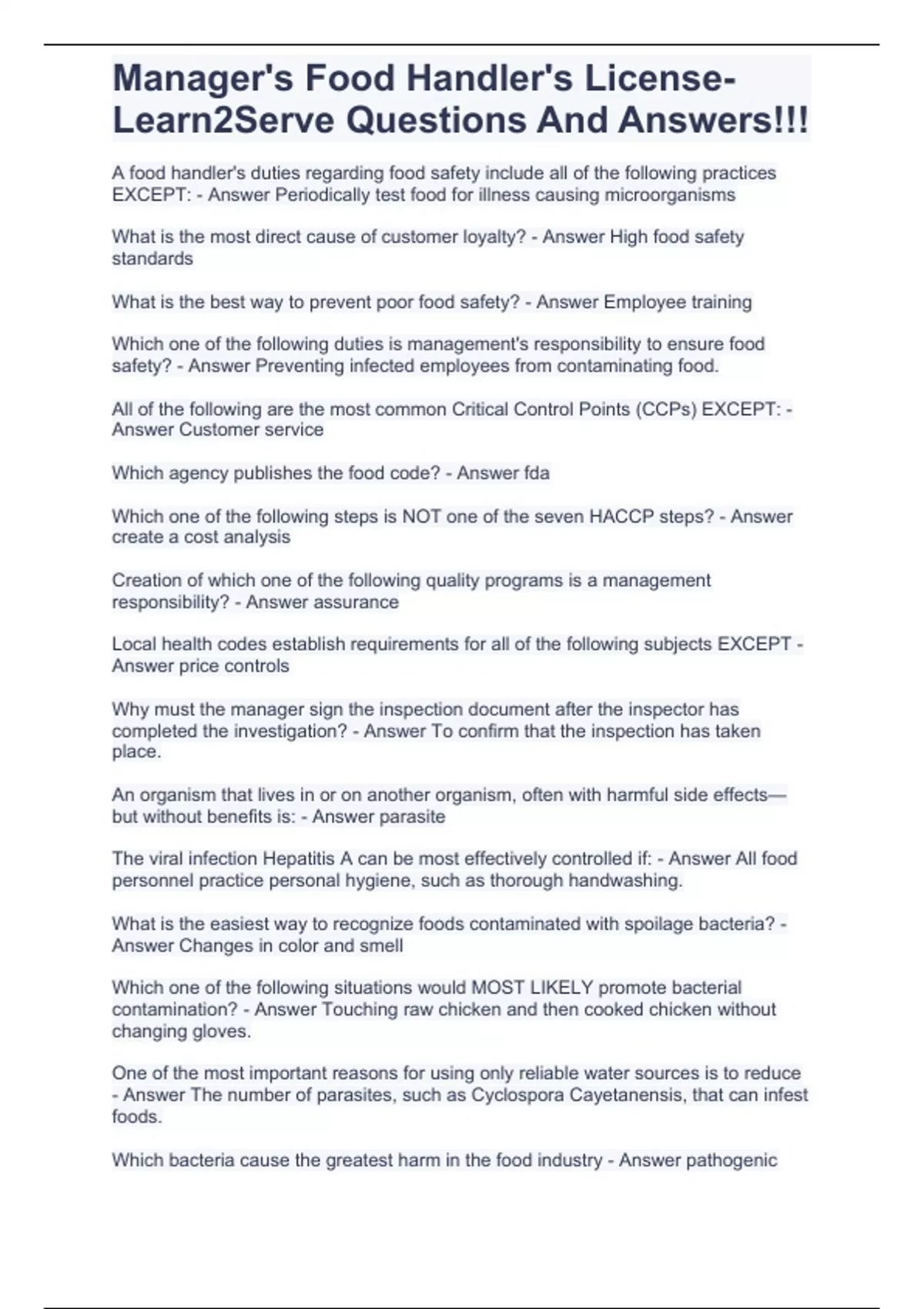 Manager's Food Handler's License- Learn2Serve Questions And Answers ...