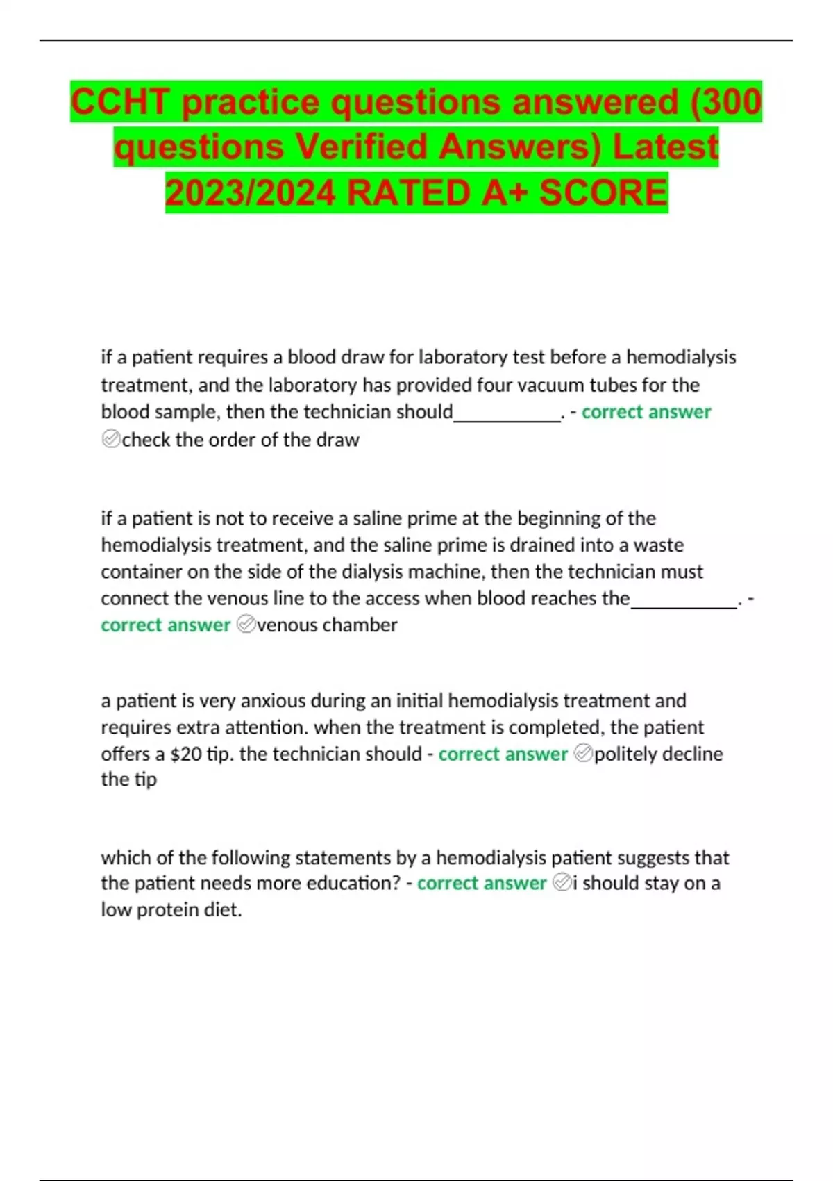 CCHT practice questions answered (300 questions Verified Answers ...