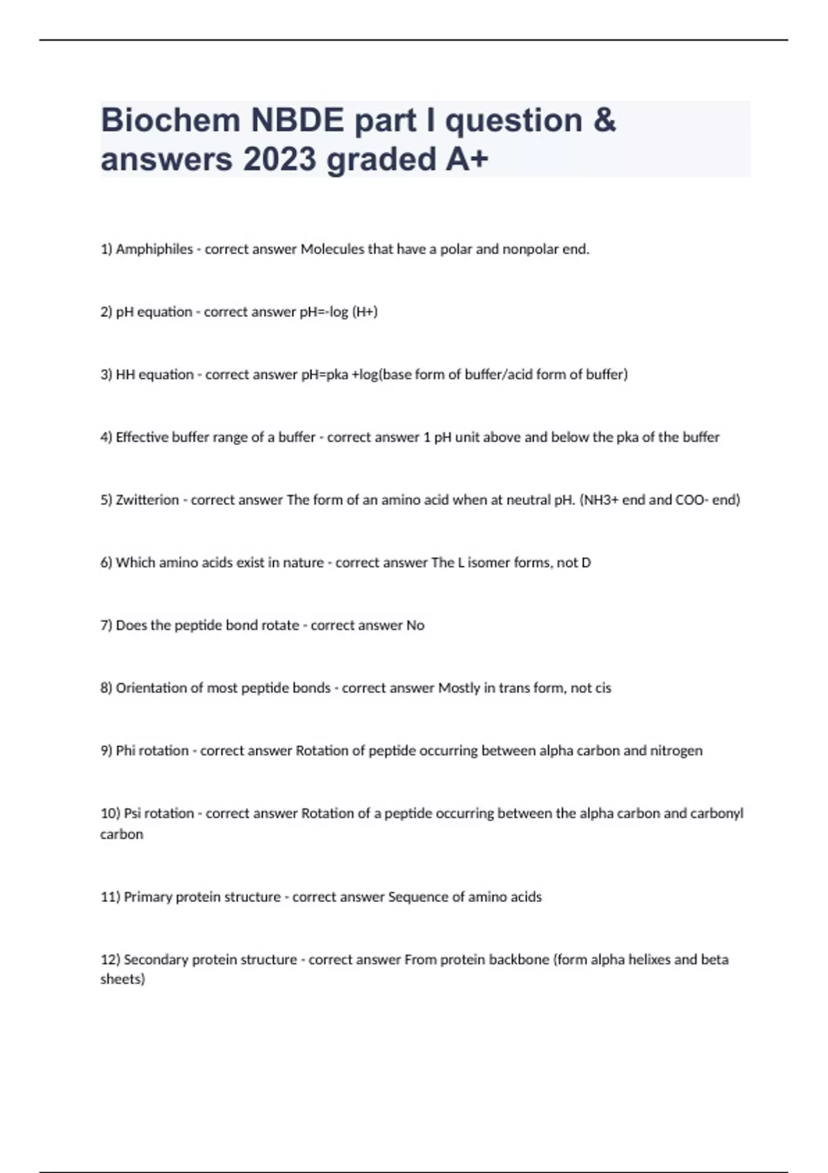 Biochem NBDE part I question & answers 2023 graded A+ - NBDE - Stuvia US