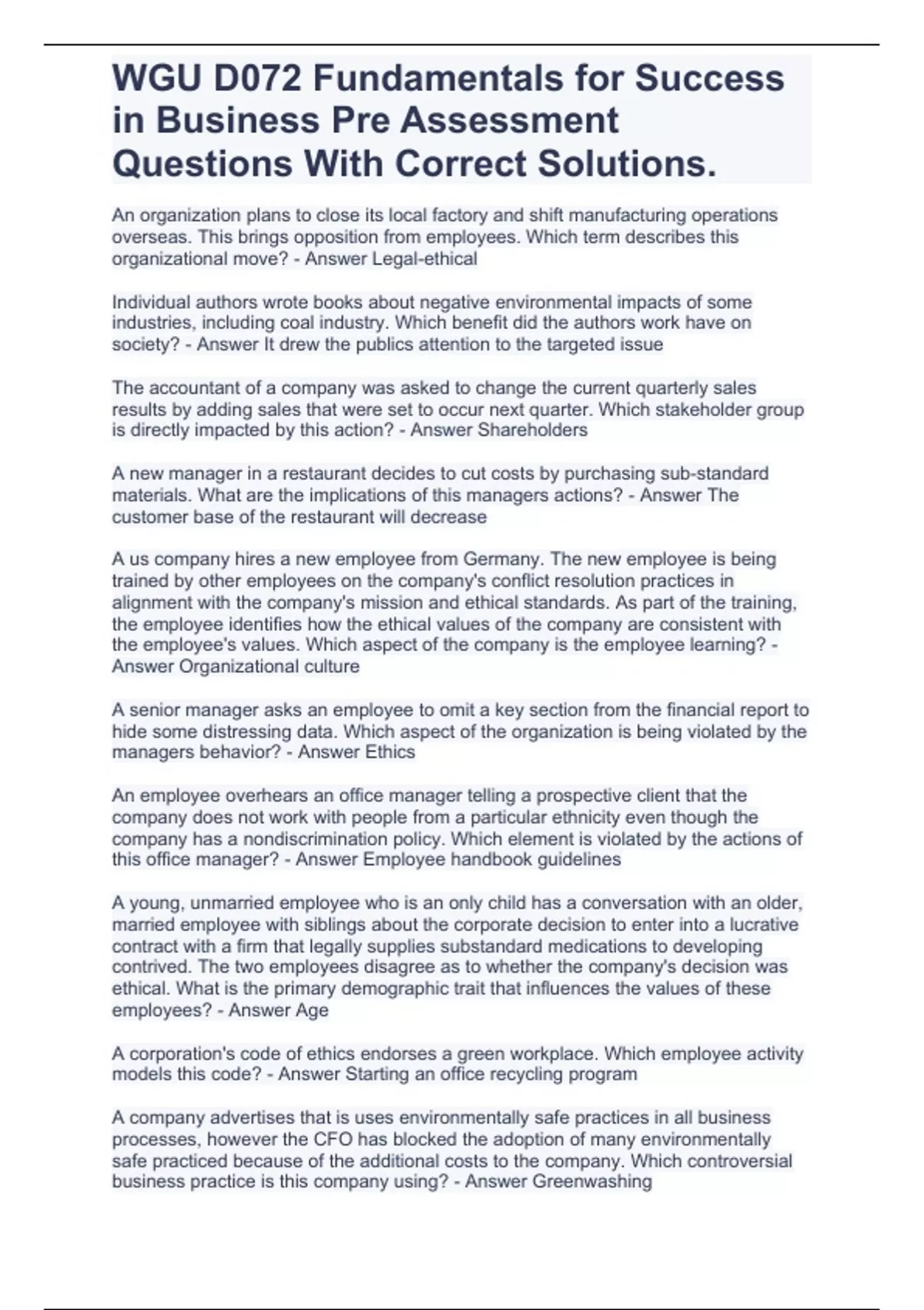 WGU D072 Fundamentals for Success in Business Pre Assessment Questions ...