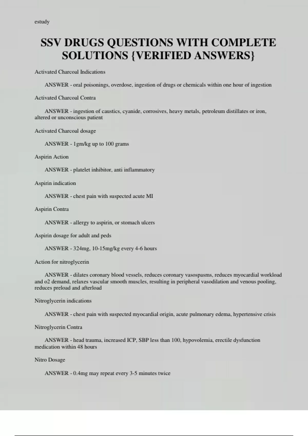 SSV DRUGS QUESTIONS WITH COMPLETE SOLUTIONS {VERIFIED ANSWERS} - SSV ...