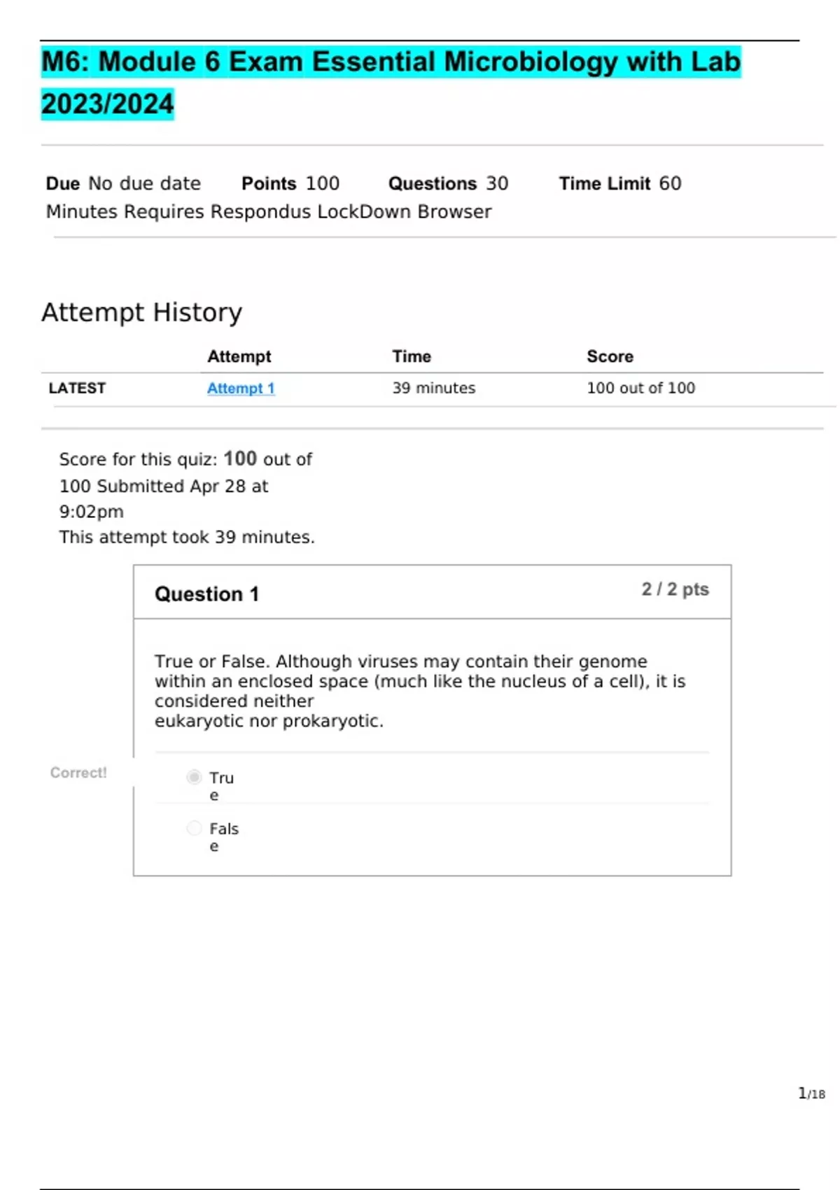 M6: Module 6 Exam Essential Microbiology with Lab 2023/2024 - M6: Moh Lab - Stuvia US